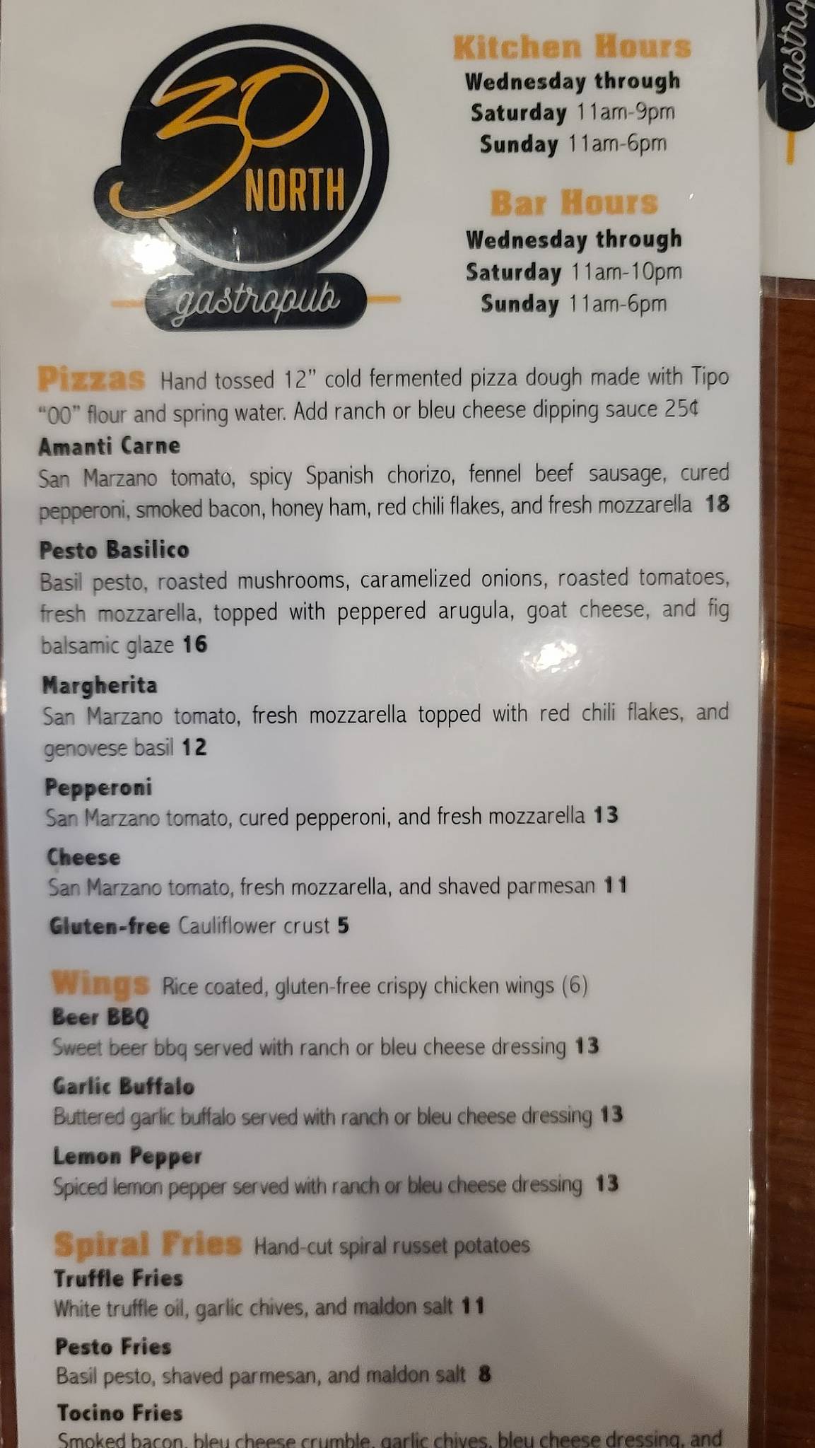 Menu at 30 North pizzeria, Brenham