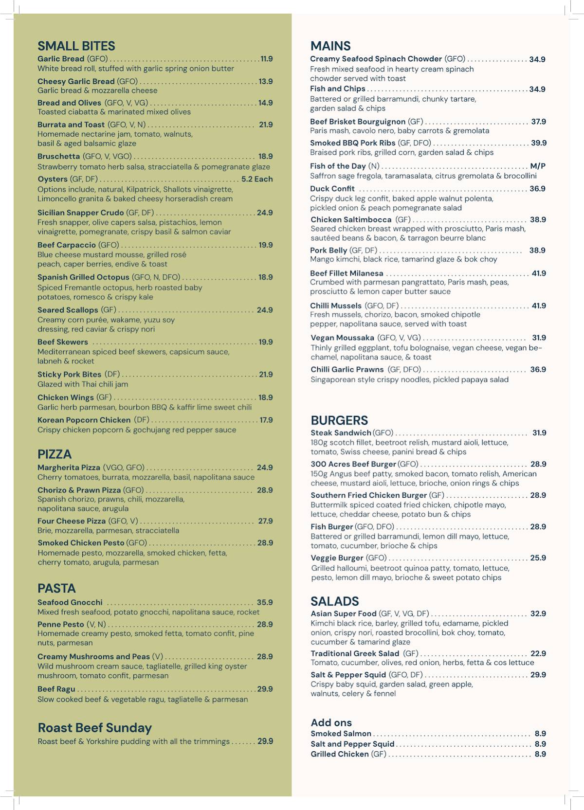 Menu at 300 Acres Restaurant and Bar, Wembley Downs