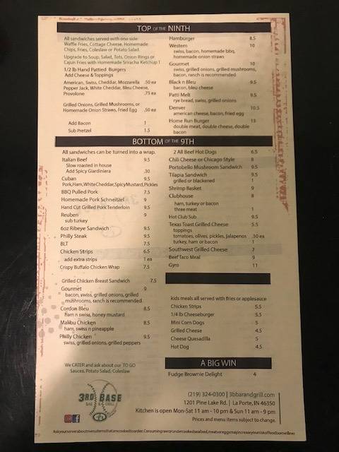 Menu at 3rd Base Bar and Grill, La Porte
