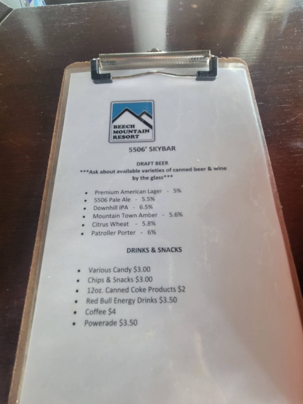 Menu at 5,506' pub & bar, Beech Mountain