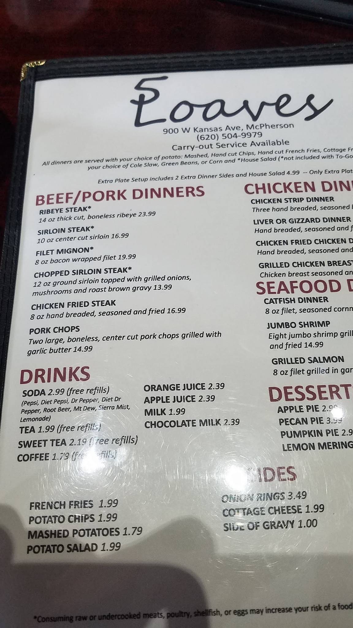 Menu at 5 Loaves Country Kitchen restaurant, McPherson
