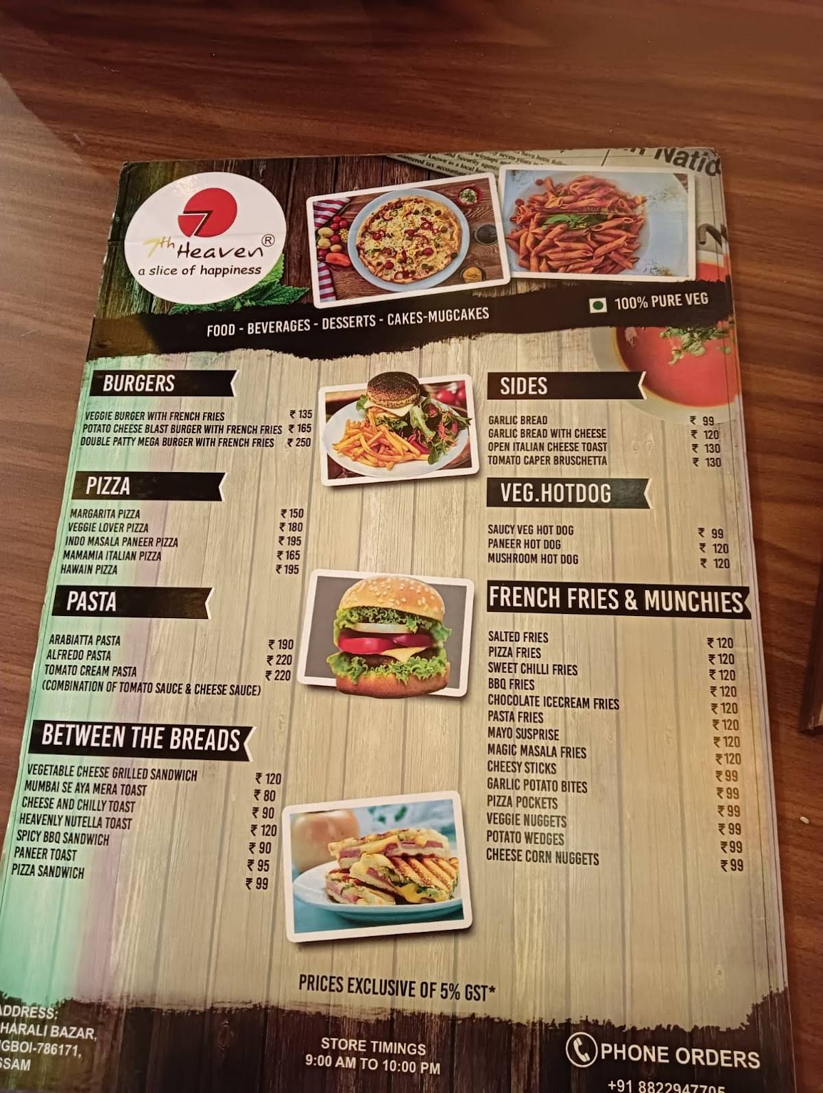 Menu at 7th Heaven, Digboi