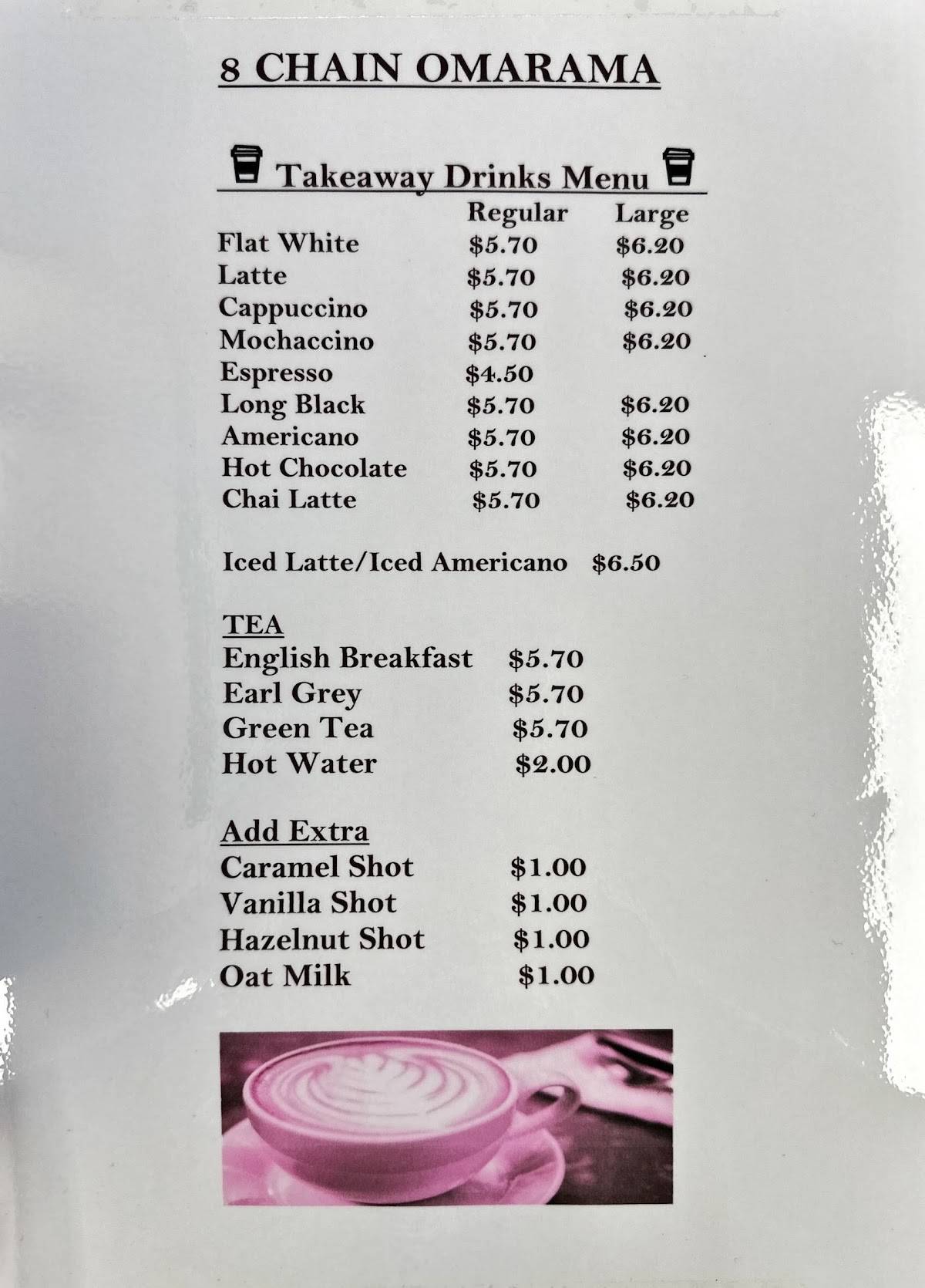 Menu at 8 Chain Omarama, Omarama