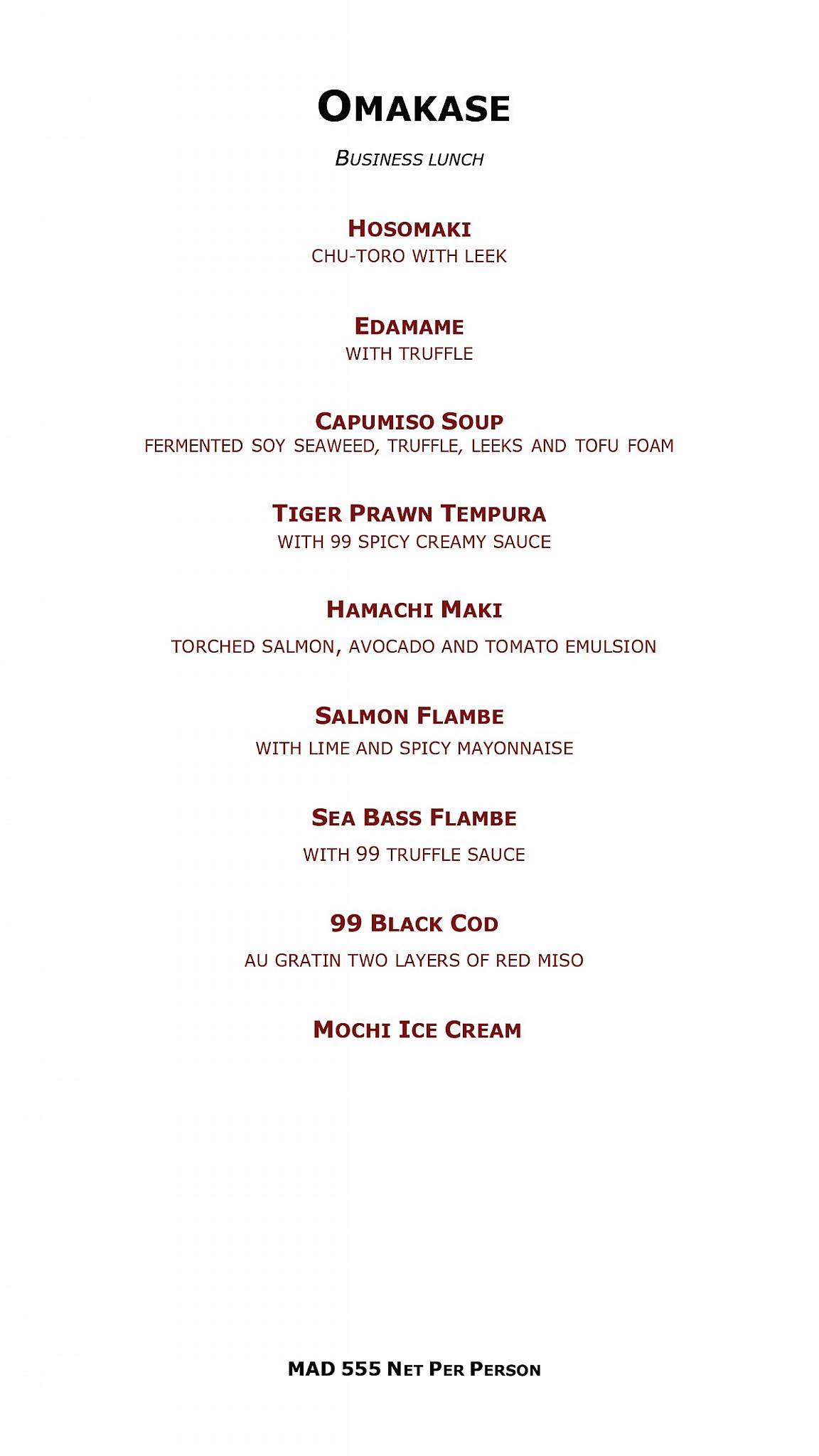 Carta de 99 Sushi Bar & Restaurant Rabat, Temara
