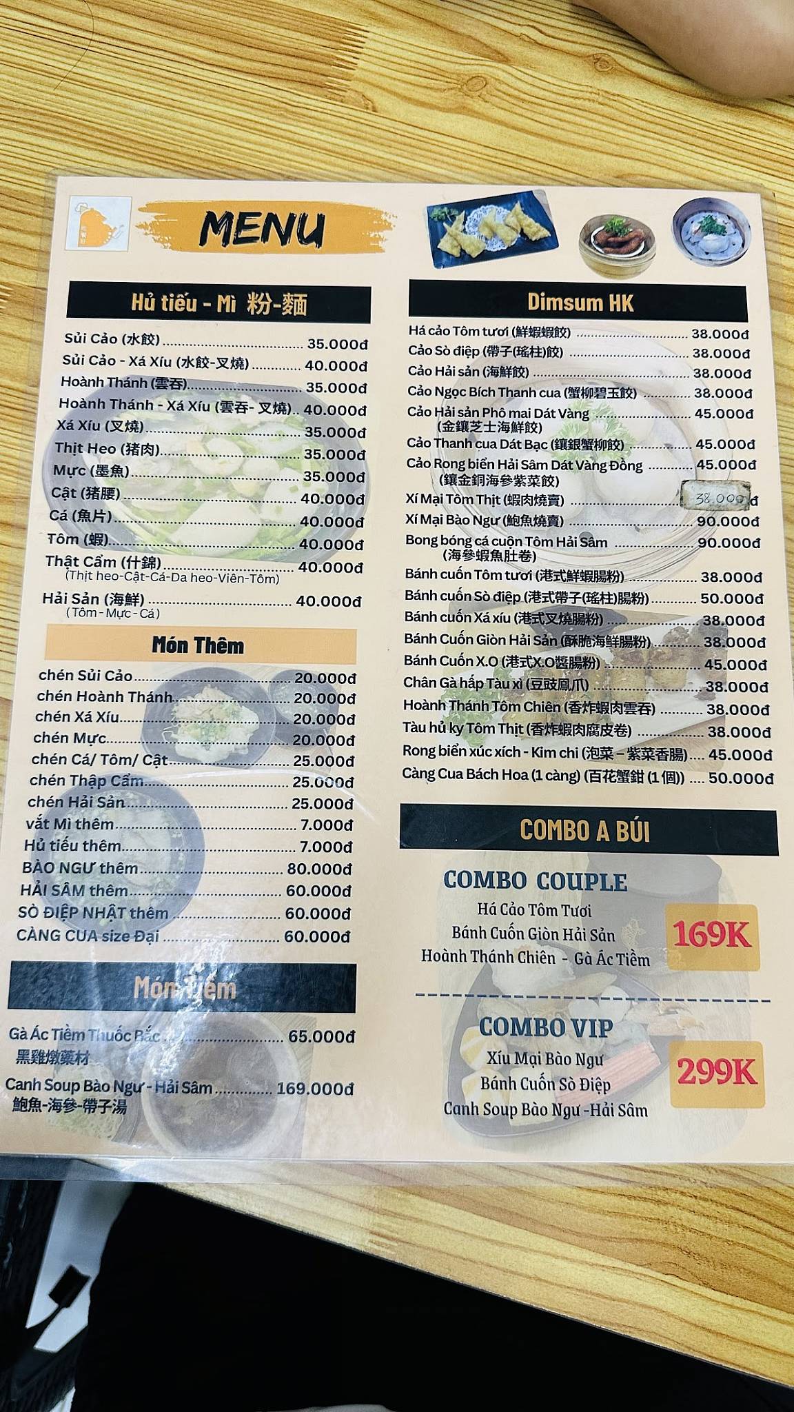 Menu at A Búi Dimsum restaurant, Ho Chi Minh City