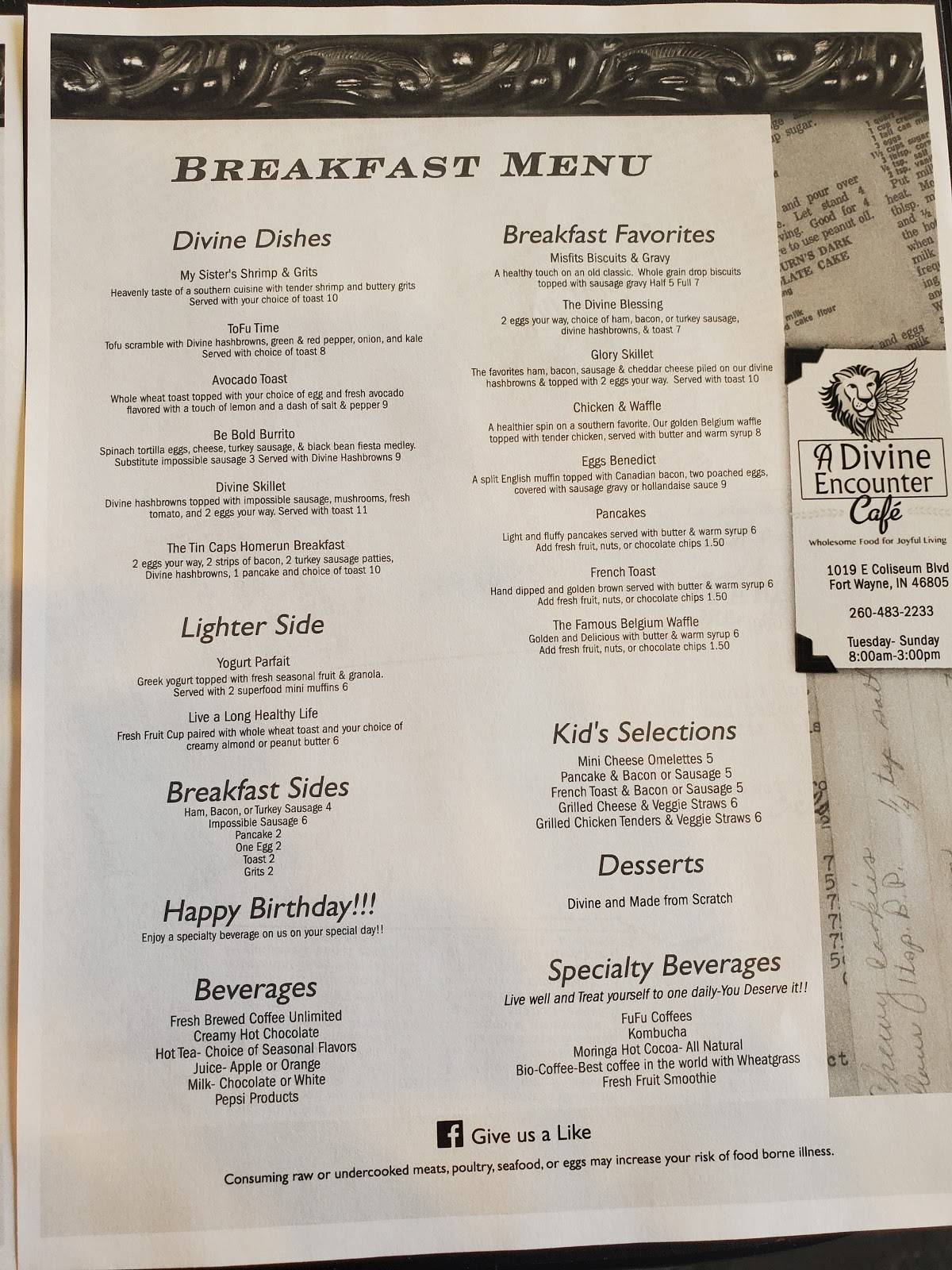 Menu at A Divine Encounter Café cafe, Fort Wayne