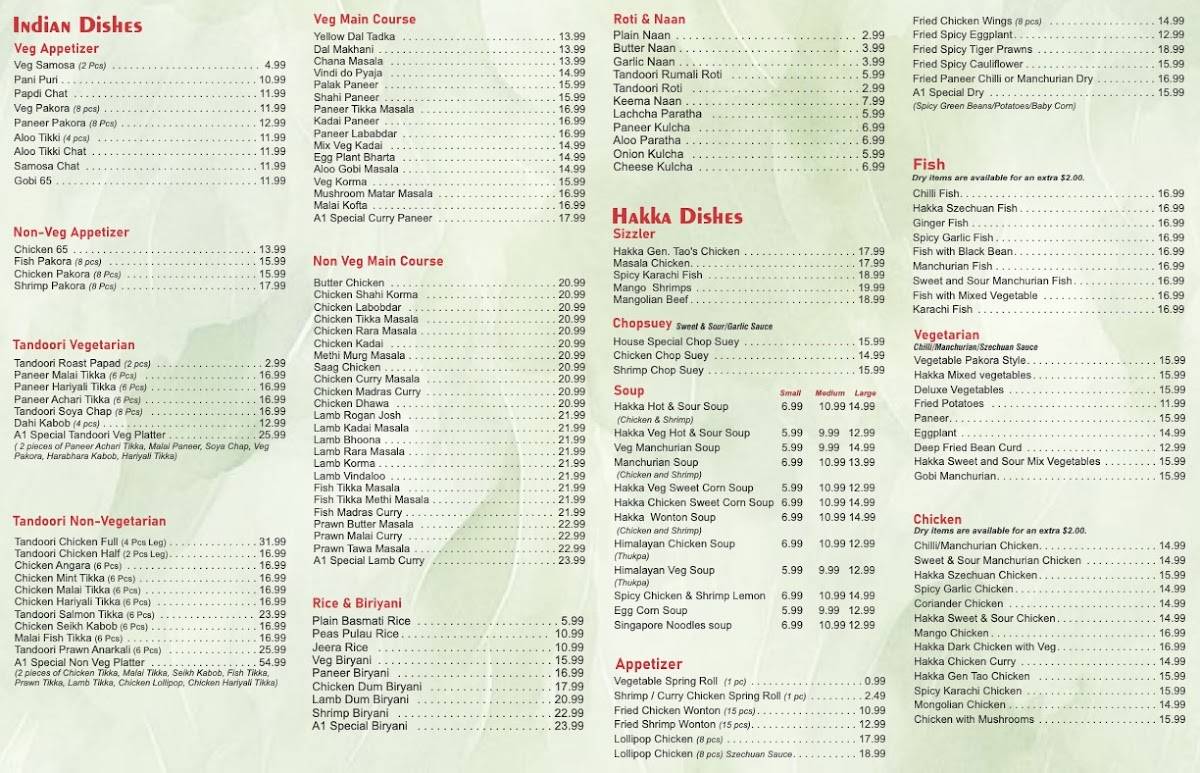 Menu at A1 Cuisines restaurant, Richmond Hill