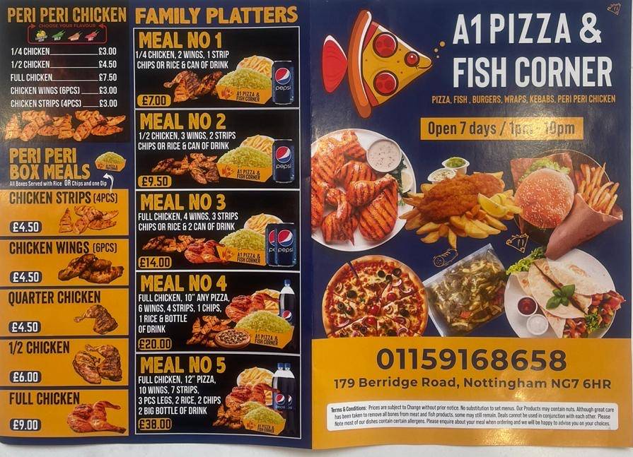 Menu at A1 pizza & fish corner restaurant, Nottingham