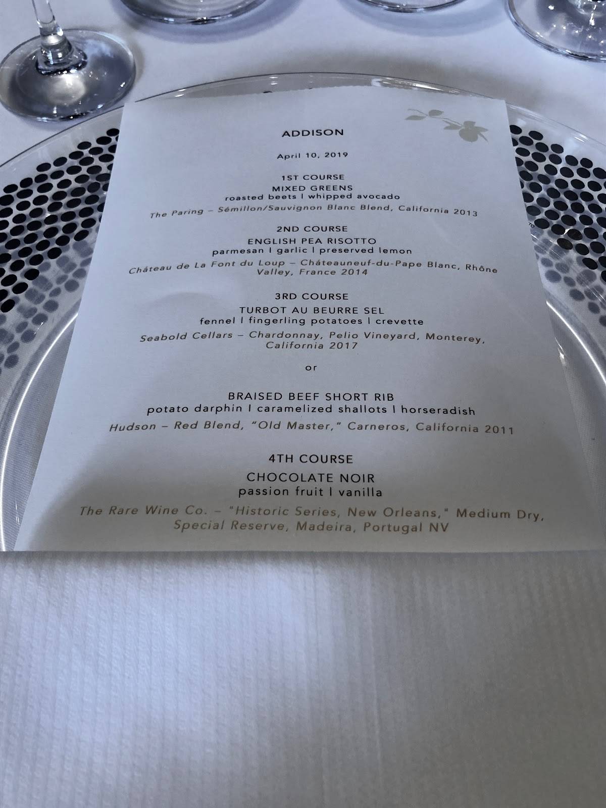 Menu at ADDISON restaurant, San Diego