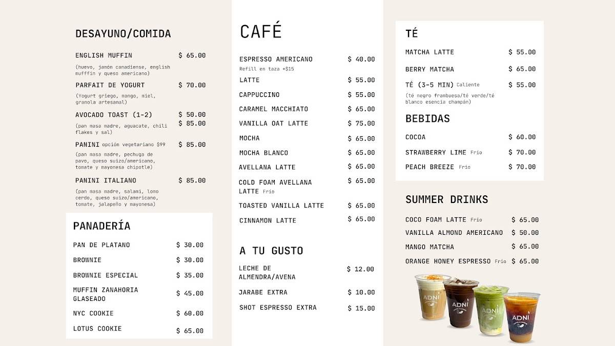 Menu at ADNI Coffee & Candles cafe, Monterrey