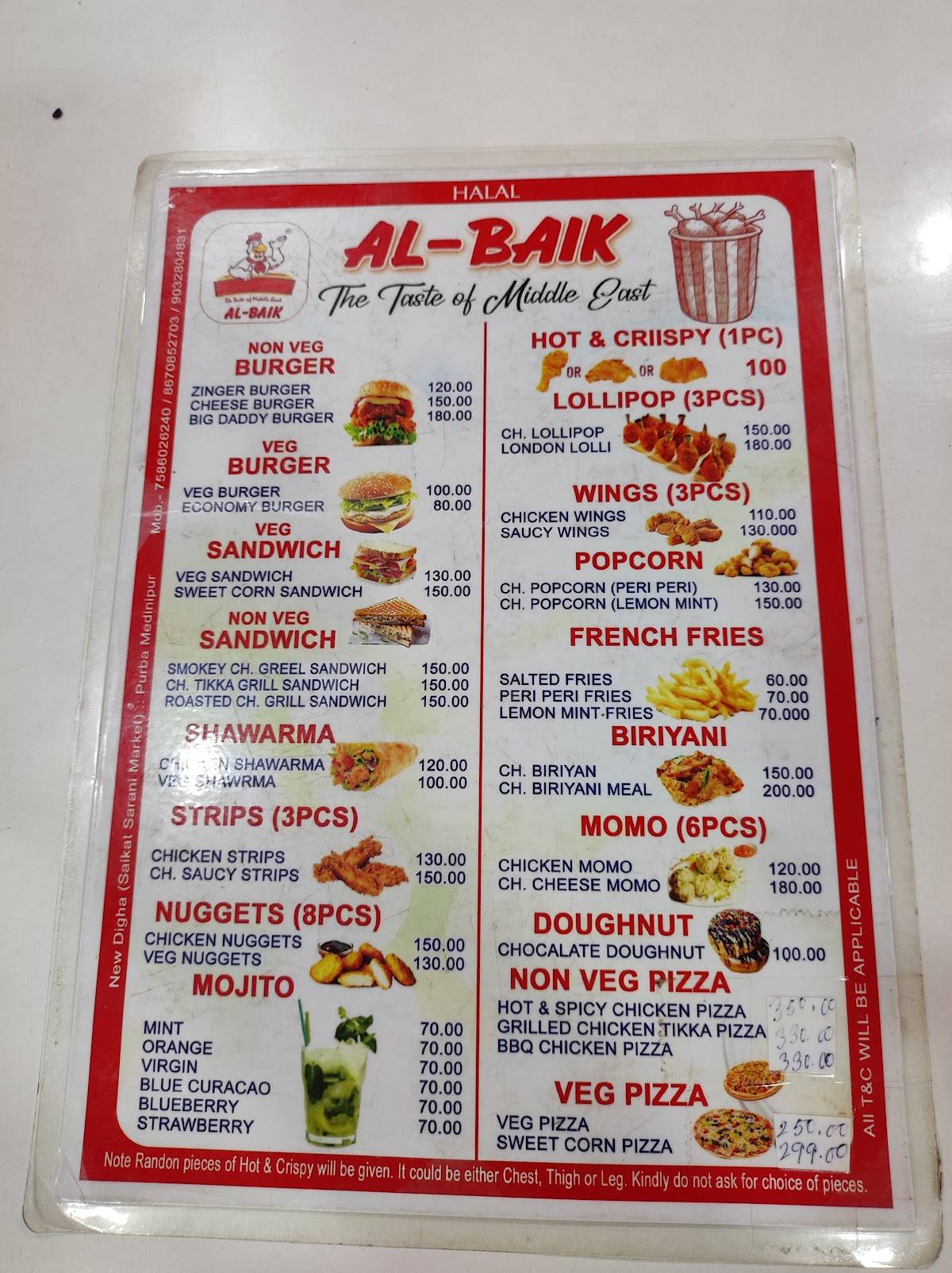 Menu at AL-BAIK, Digha