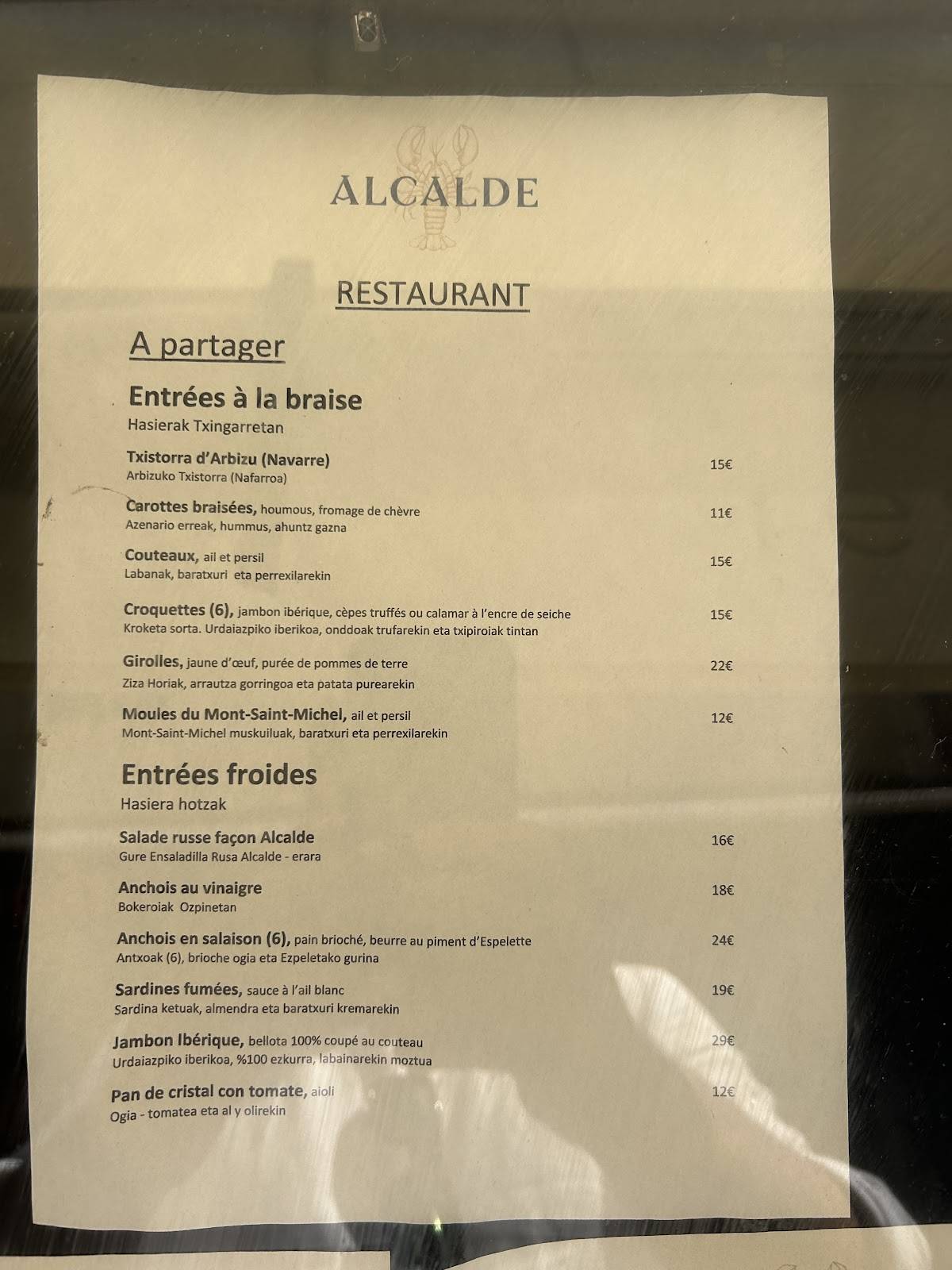 Menu au ALCALDE - Comptoir & Restaurant - depuis 1983, Saint-Jean-de-Luz