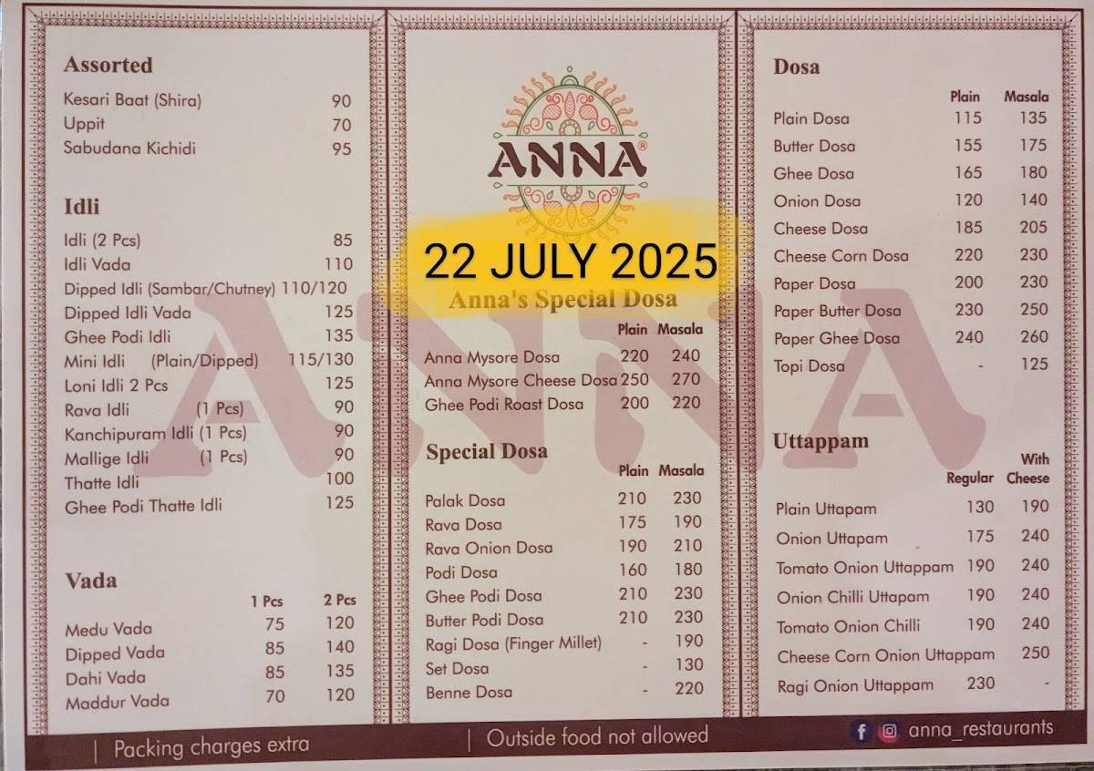Menu at ANNA, Pune, A/13