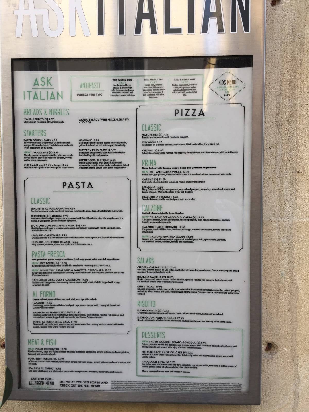 Menu at ASK Italian pizzeria, Bath