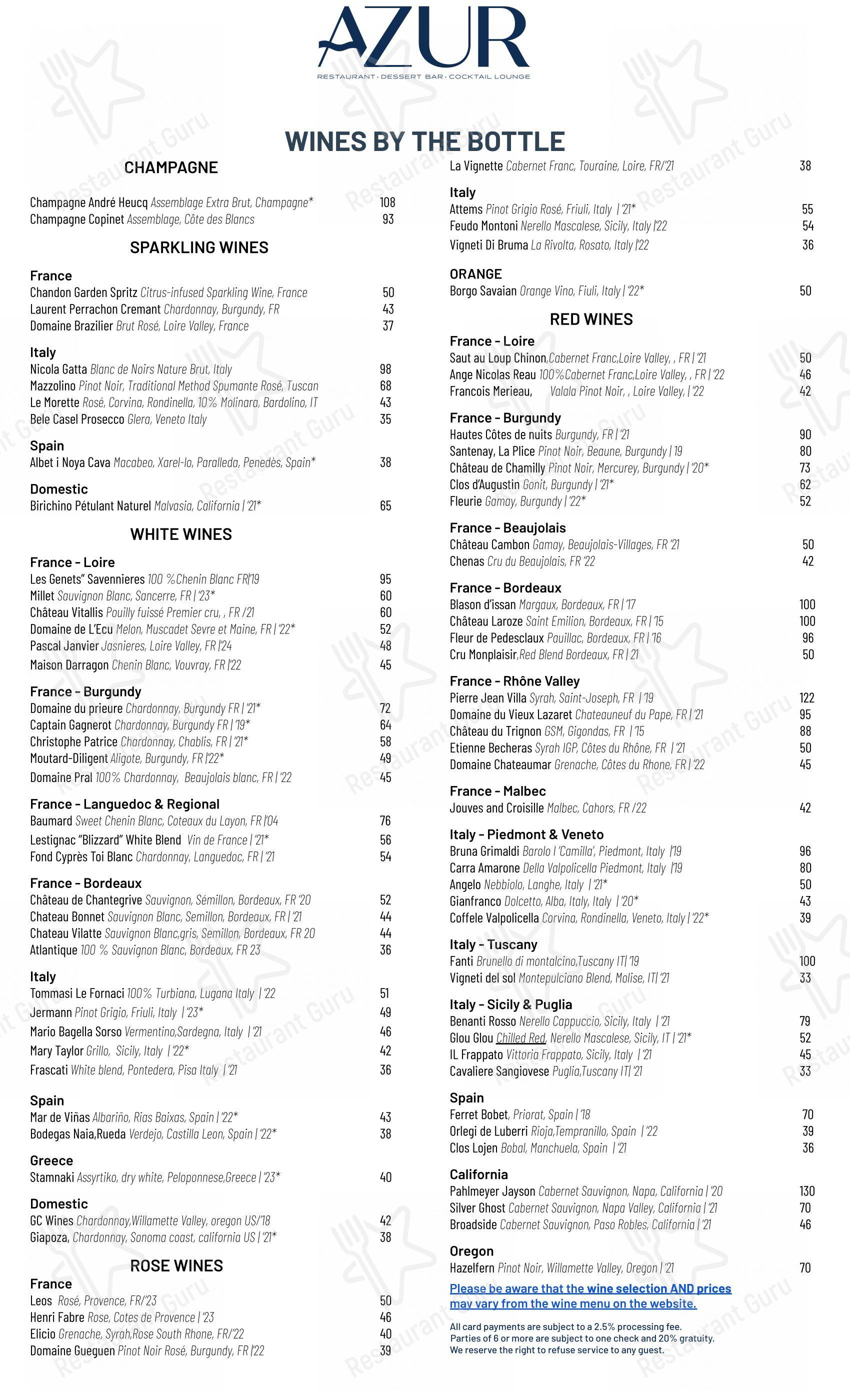 Menu at AZUR pub & bar, Charleston