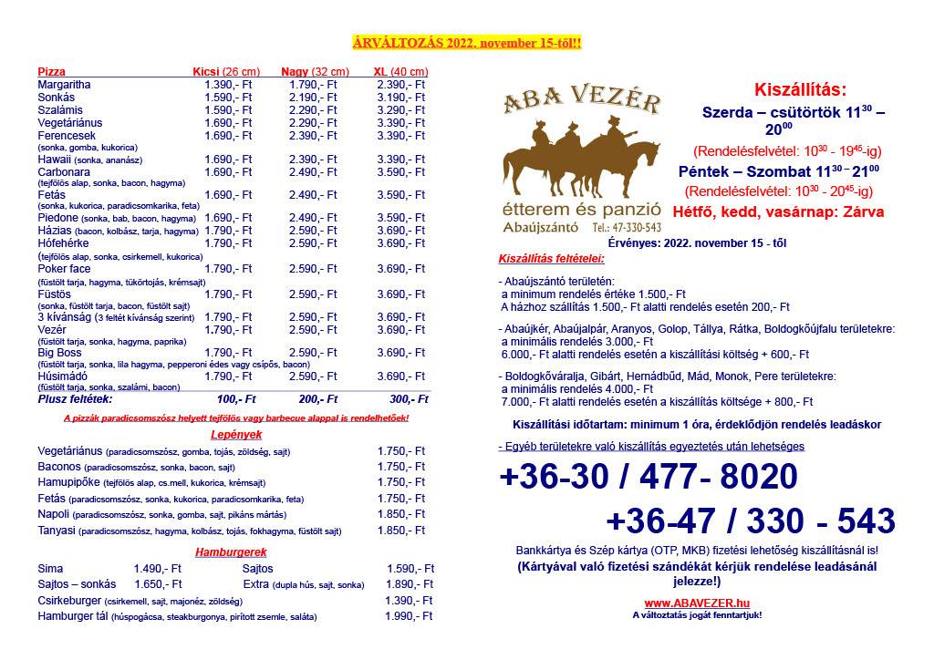 Menu at Aba Vezér Étterem és Vendégház restaurant, Abaújszántó