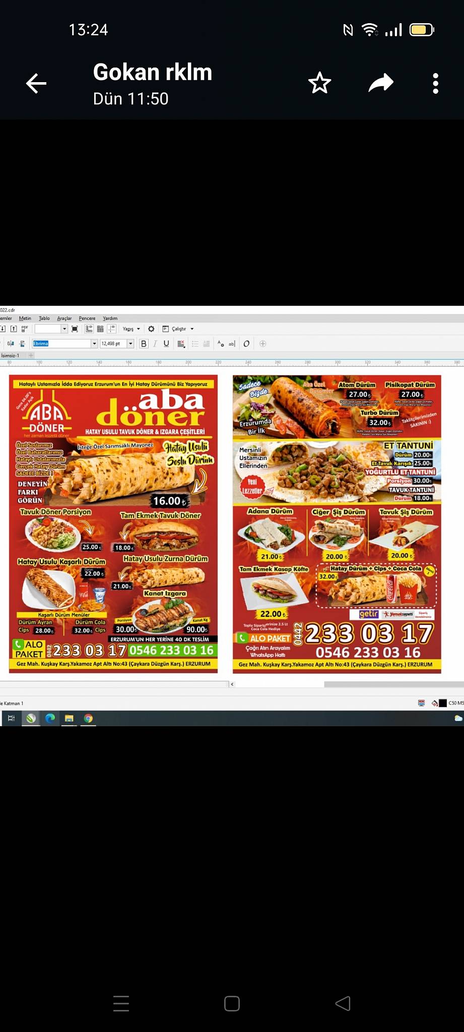 Menu at Aba döner, Erzurum