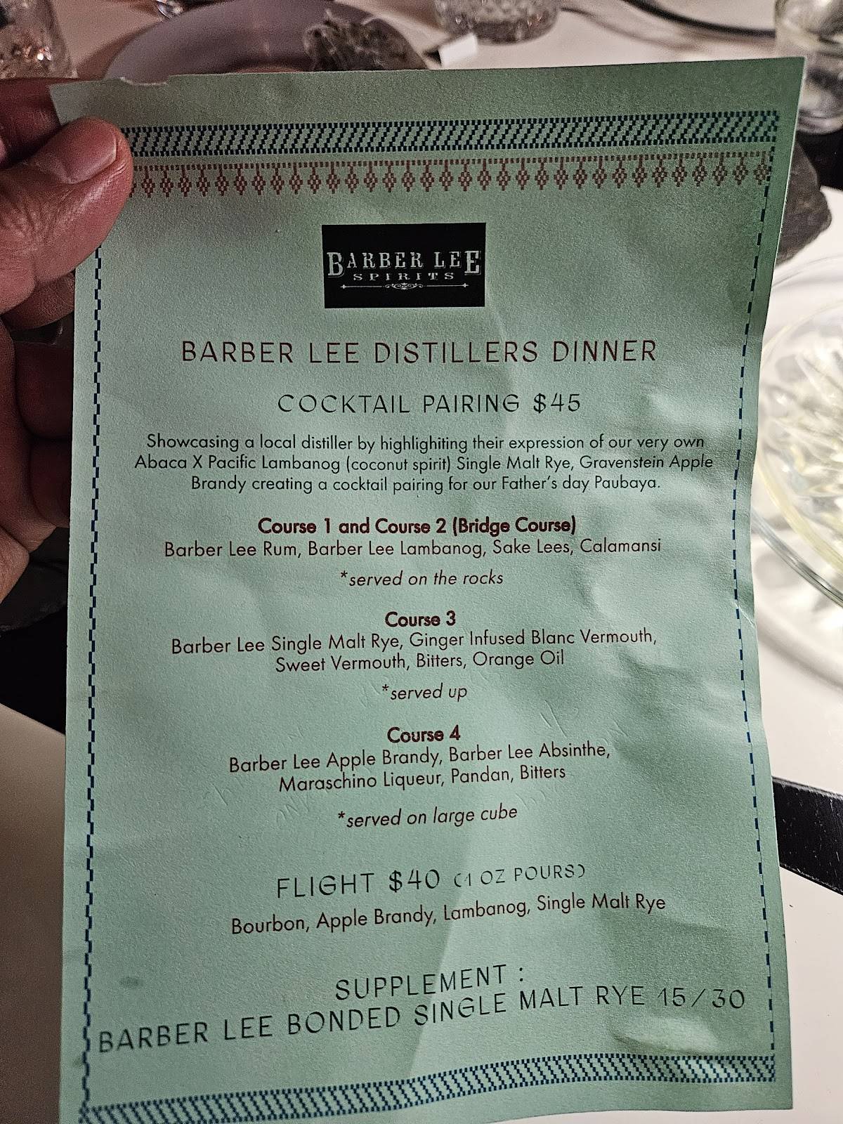 Menu at Abacá restaurant, San Francisco, Jones St