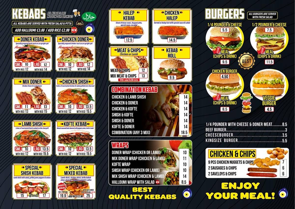 Menu at Abbey Kebab fast food, Dagenham
