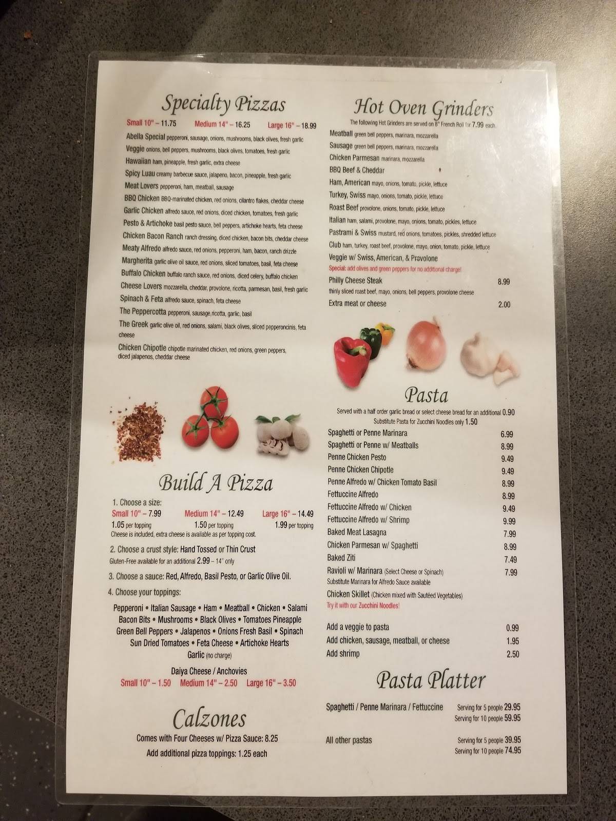 Menu at Abella Pizzeria, Tacoma