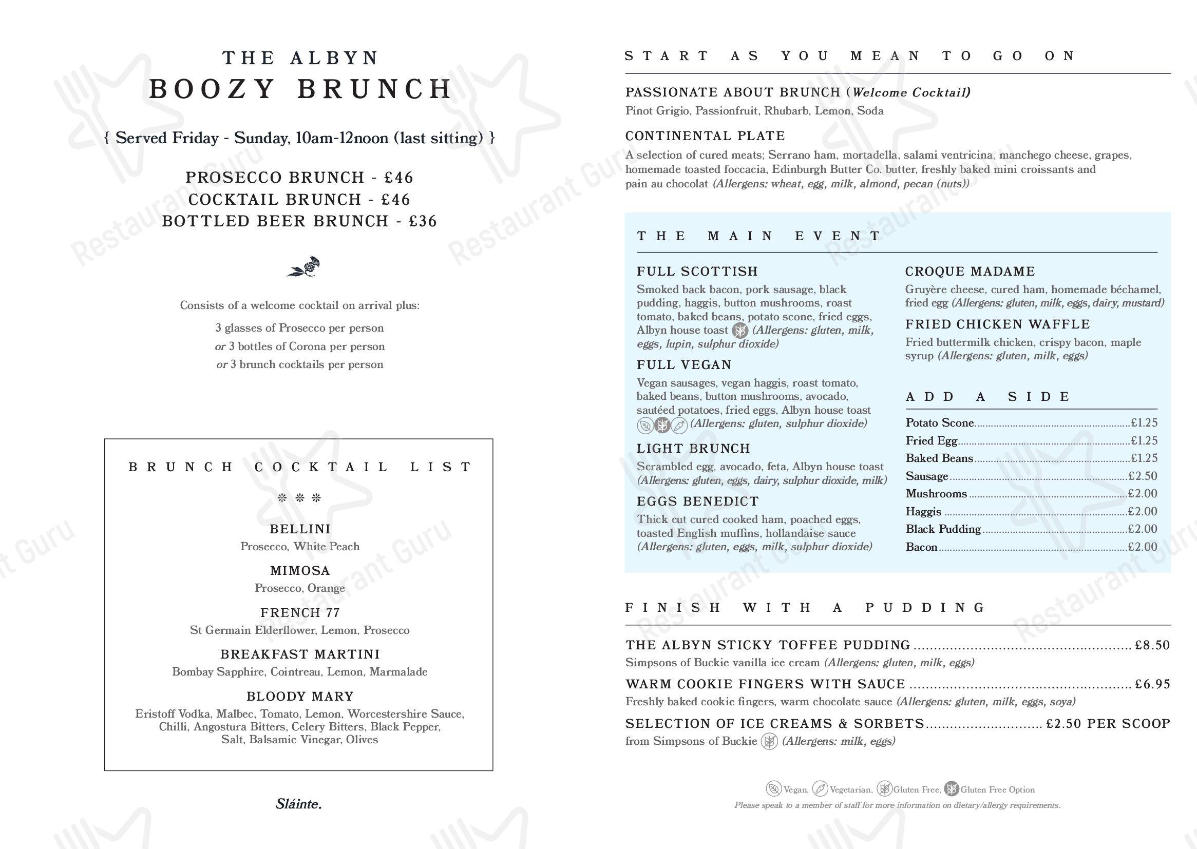 Menu at The Albyn restaurant, Aberdeen