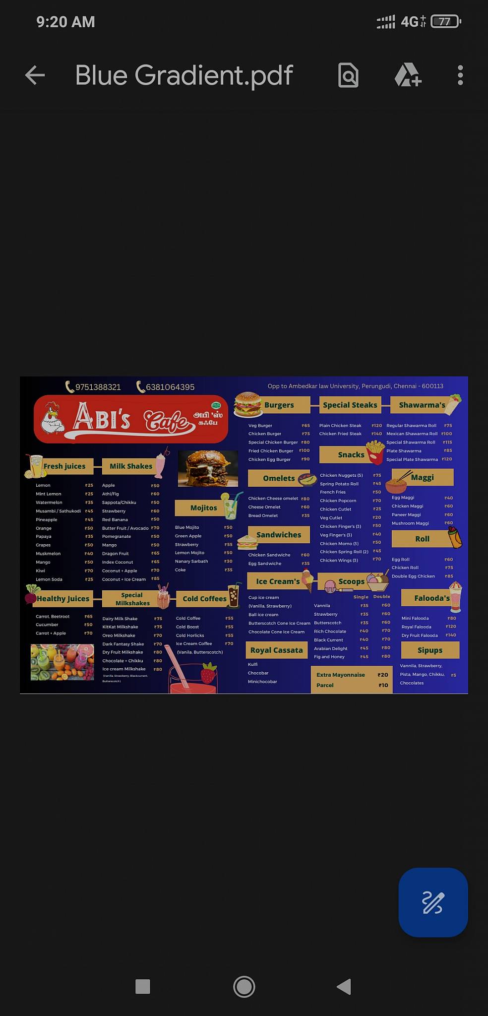 Menu at Abi's cafe, Chennai