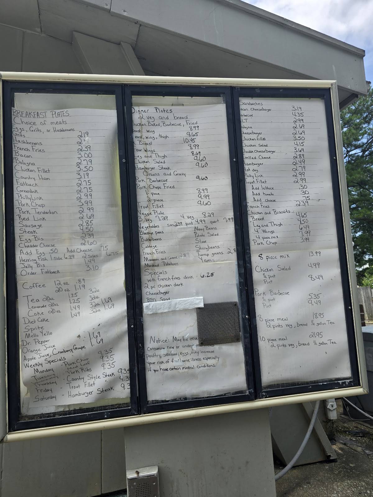 Menu at Abner's Drive In restaurant, Roanoke Rapids