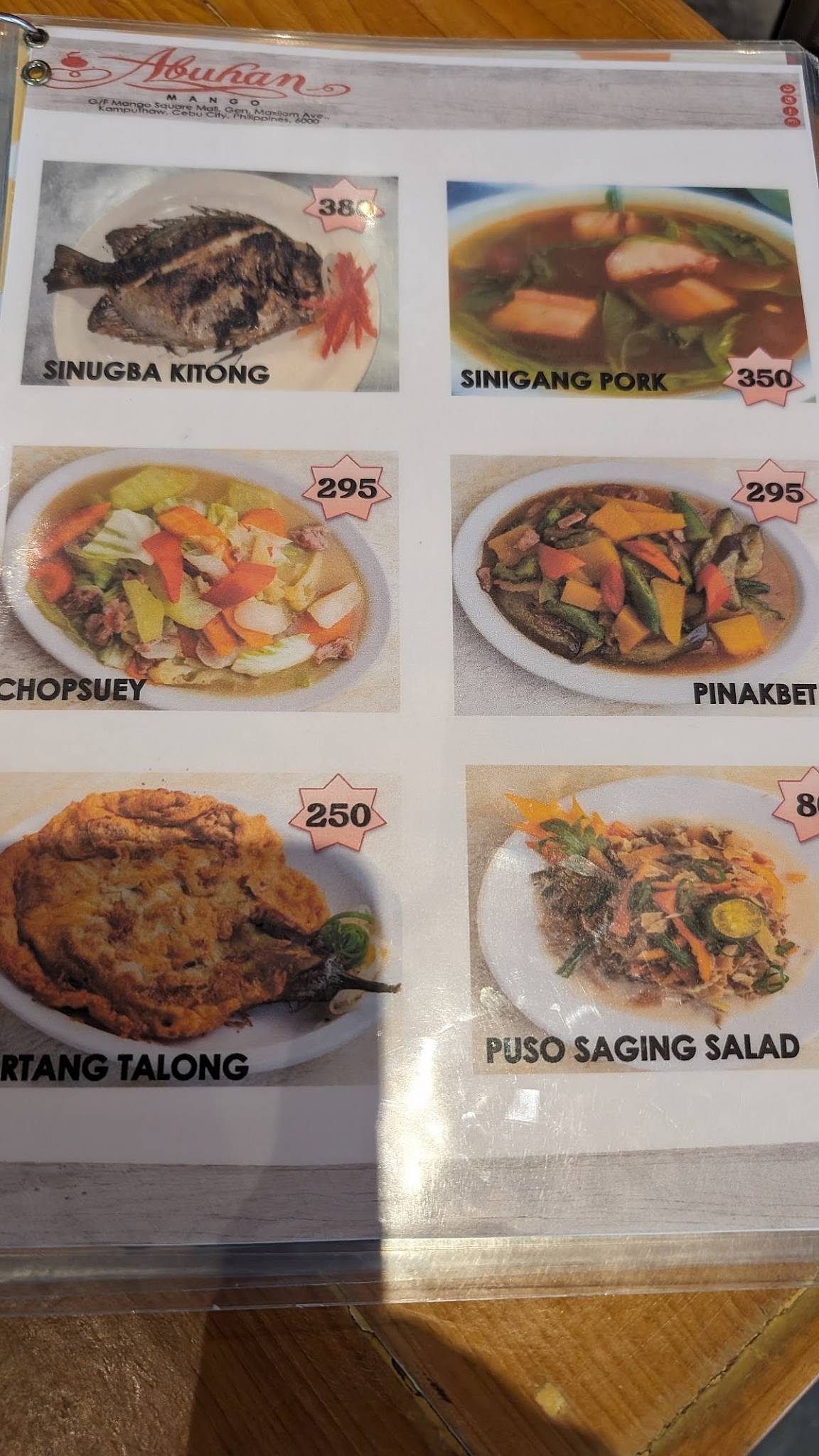 Menu at Abuhan Restaurant, Cebu City, Ground Floor Mango Square Mall
