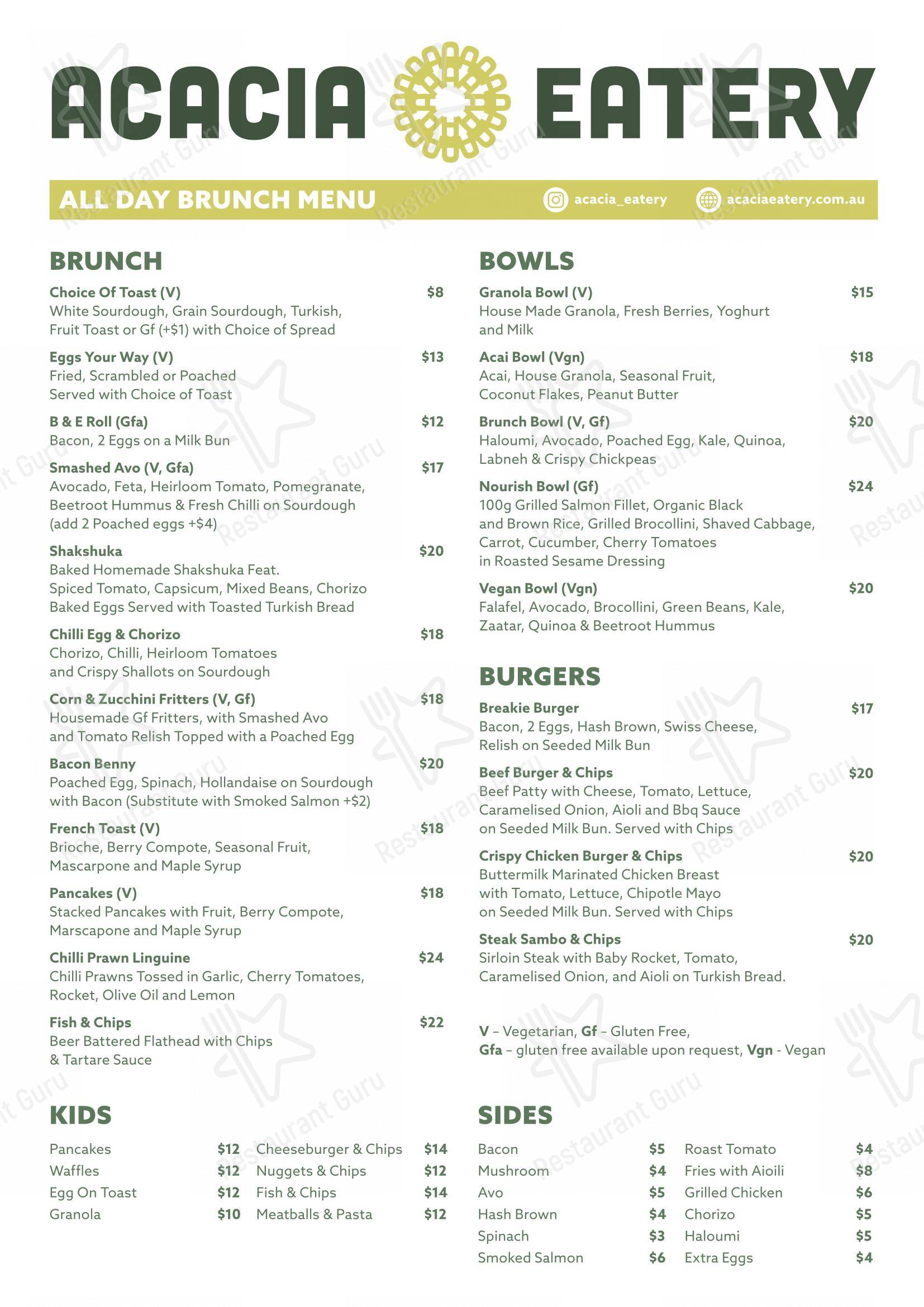 Menu at Acacia Eatery cafe, Belrose