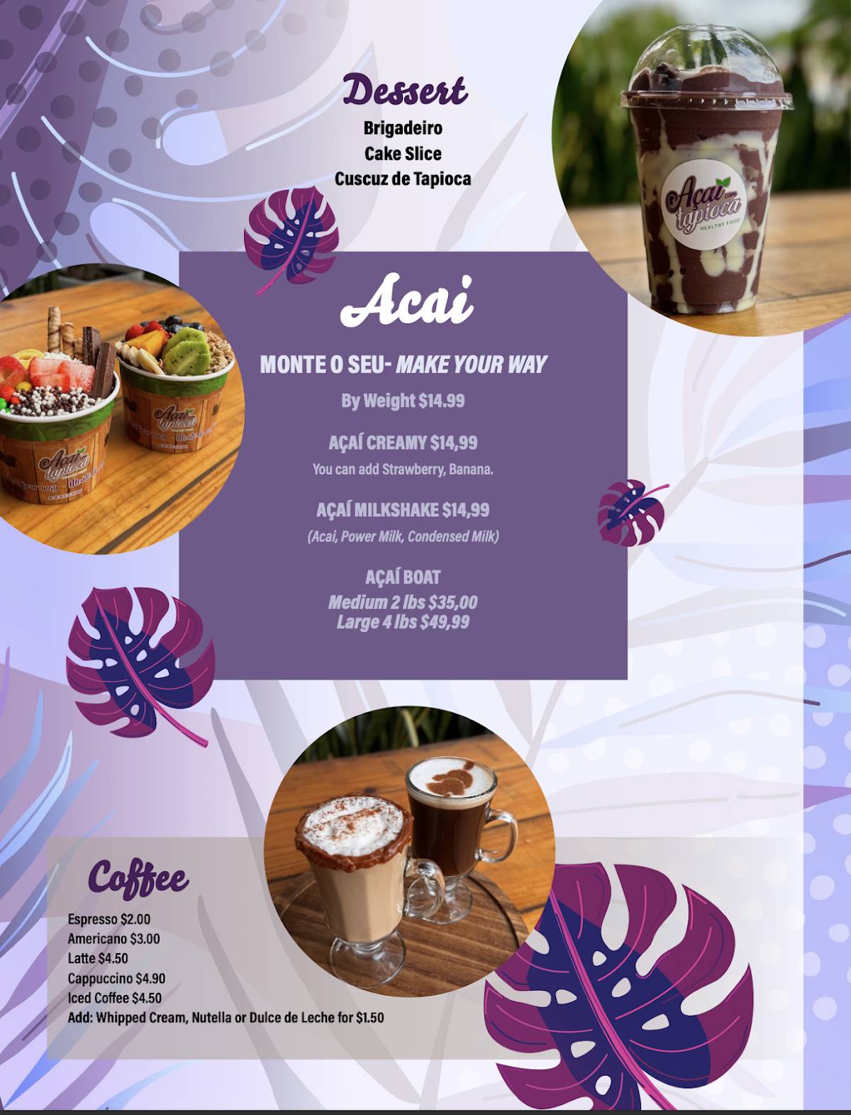 Menu at Açaí com Tapioca Boca Raton restaurant, Boca Raton