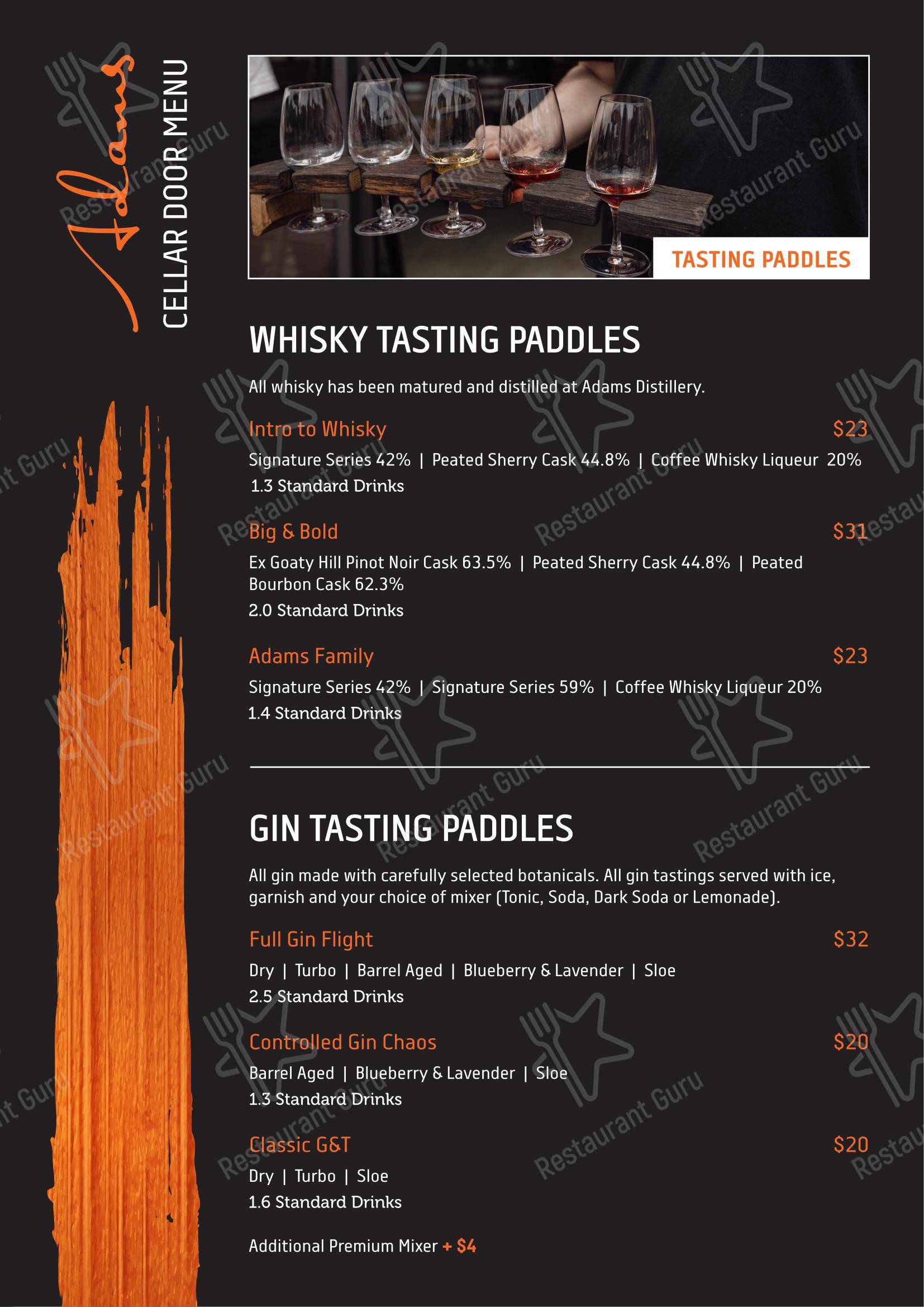 Menu at Adam's Distillery restaurant, Perth