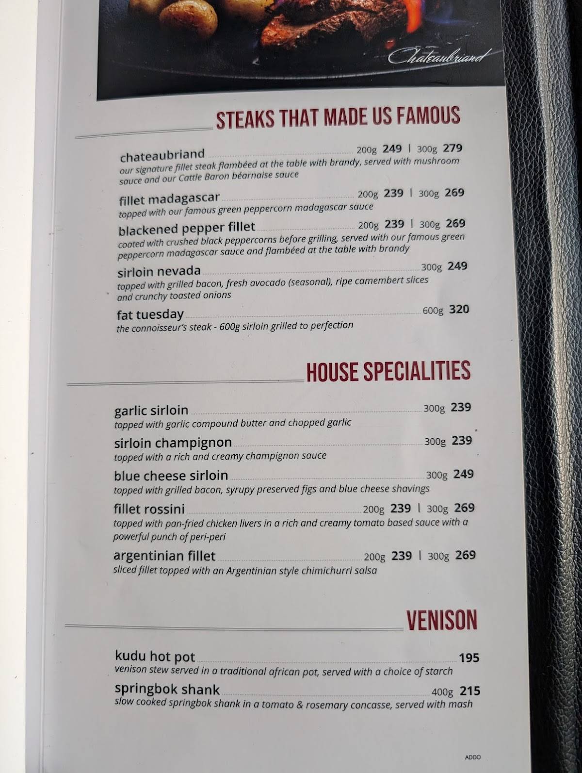 Menu at Addo Cattle Baron Grill & Bistro, South Africa