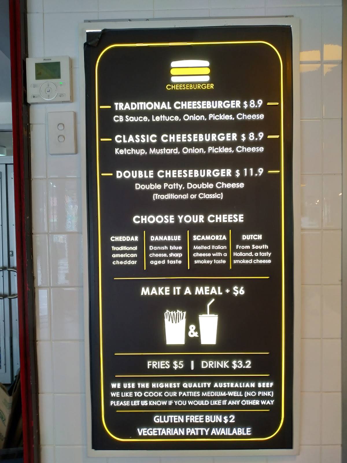 Menu at Cheeseburger Adelaide restaurant, Adelaide