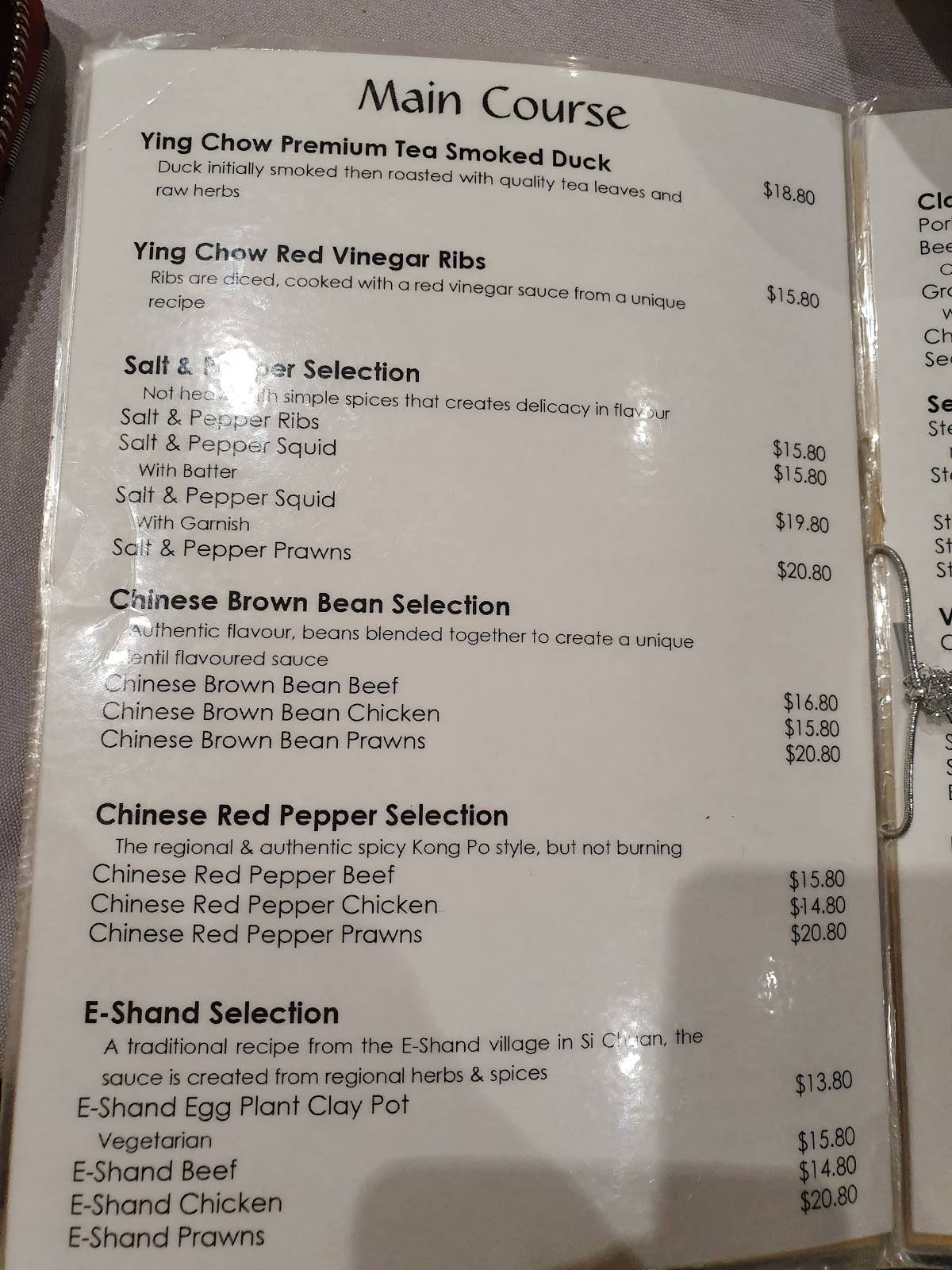 Menu at Ying Chow Chinese Restaurant, Adelaide