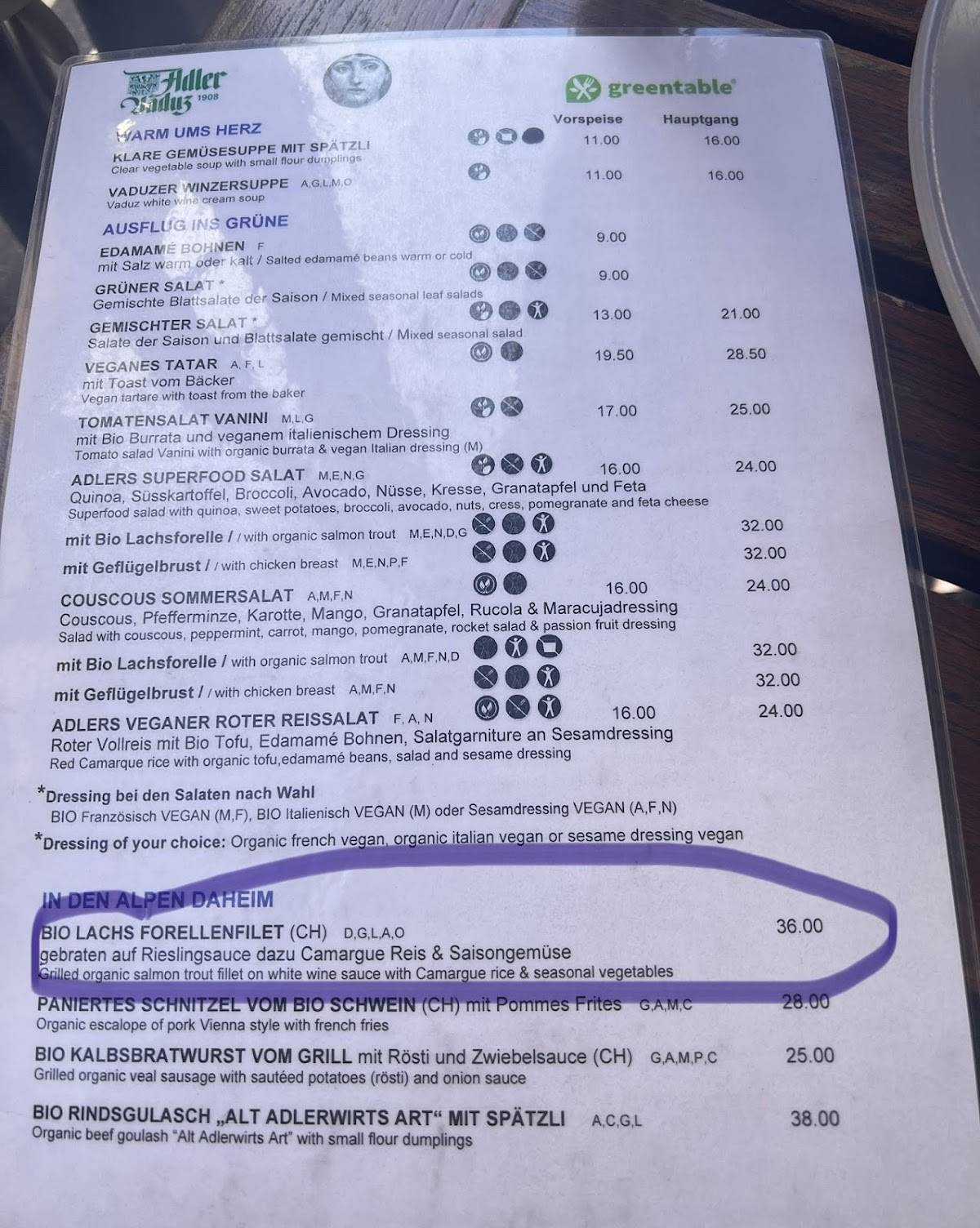 Menu at Adler 1908 restaurant, Vaduz, Herrengasse 2