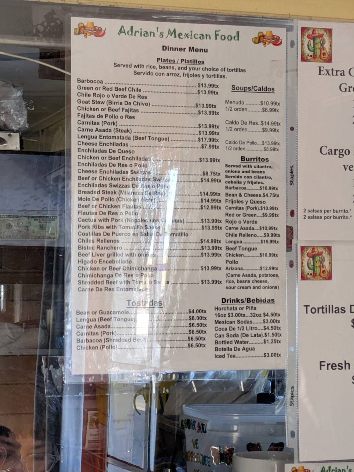 Menu at Adrian's #2 restaurant, Mesa