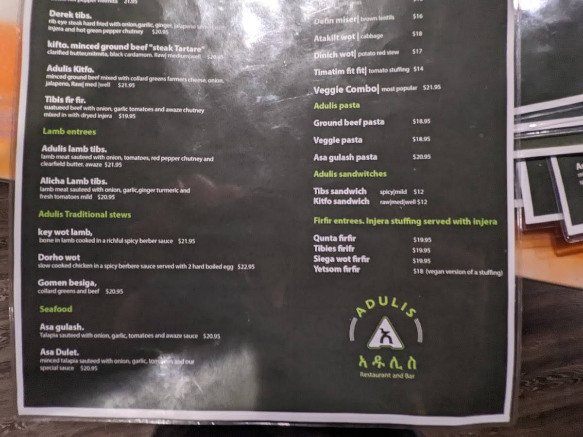Menu at Adulis Eritrean and Ethiopian Restaurant, Seattle