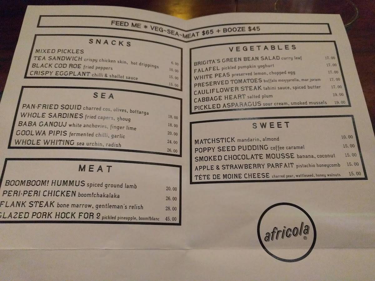 Menu at Africola restaurant, Adelaide