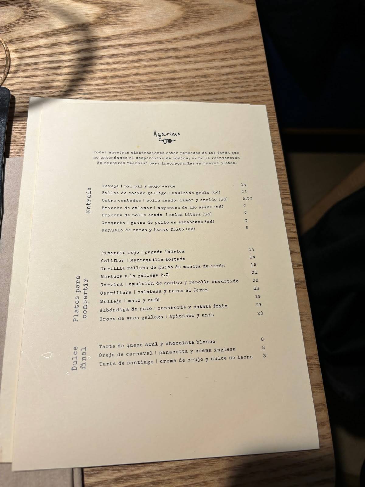 Carta del restaurante Agarimo taberna, Madrid