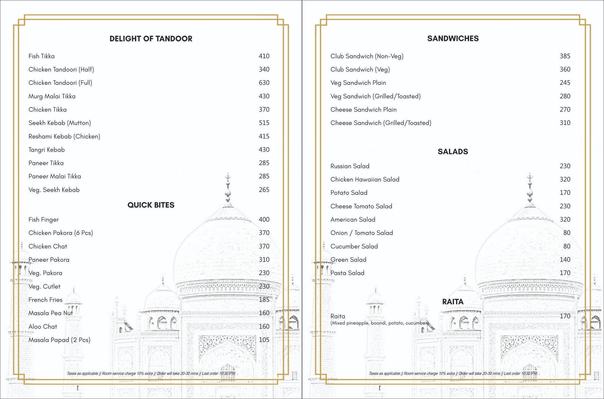 Menu at Taj Terrace, Agra, Hotel taj resorts