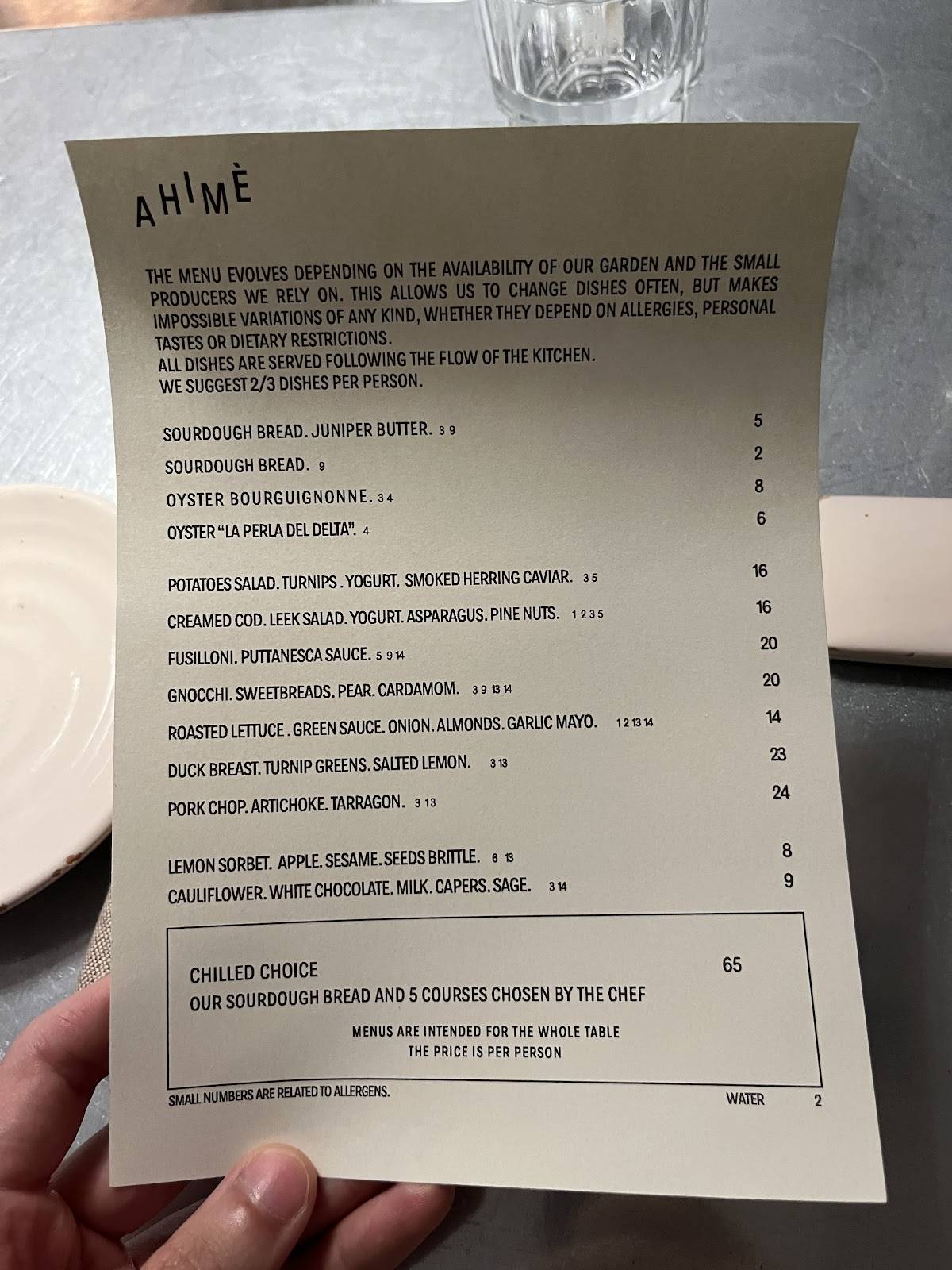 Menu at Ahimè restaurant, Bologna, Via S. Gervasio