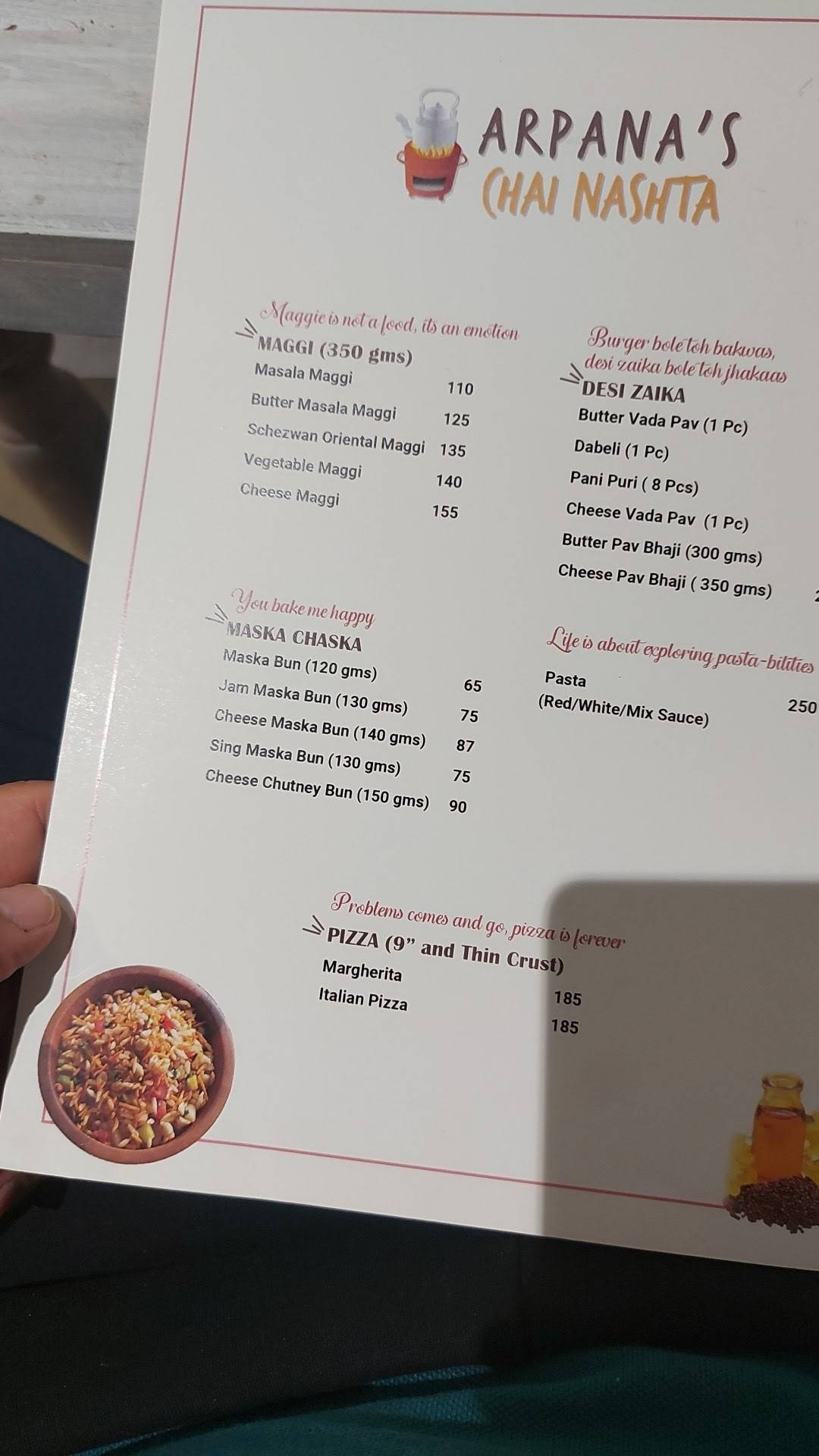 Menu at Arpana's Chai Nashta, Ahmedabad, Vedgarbha house E