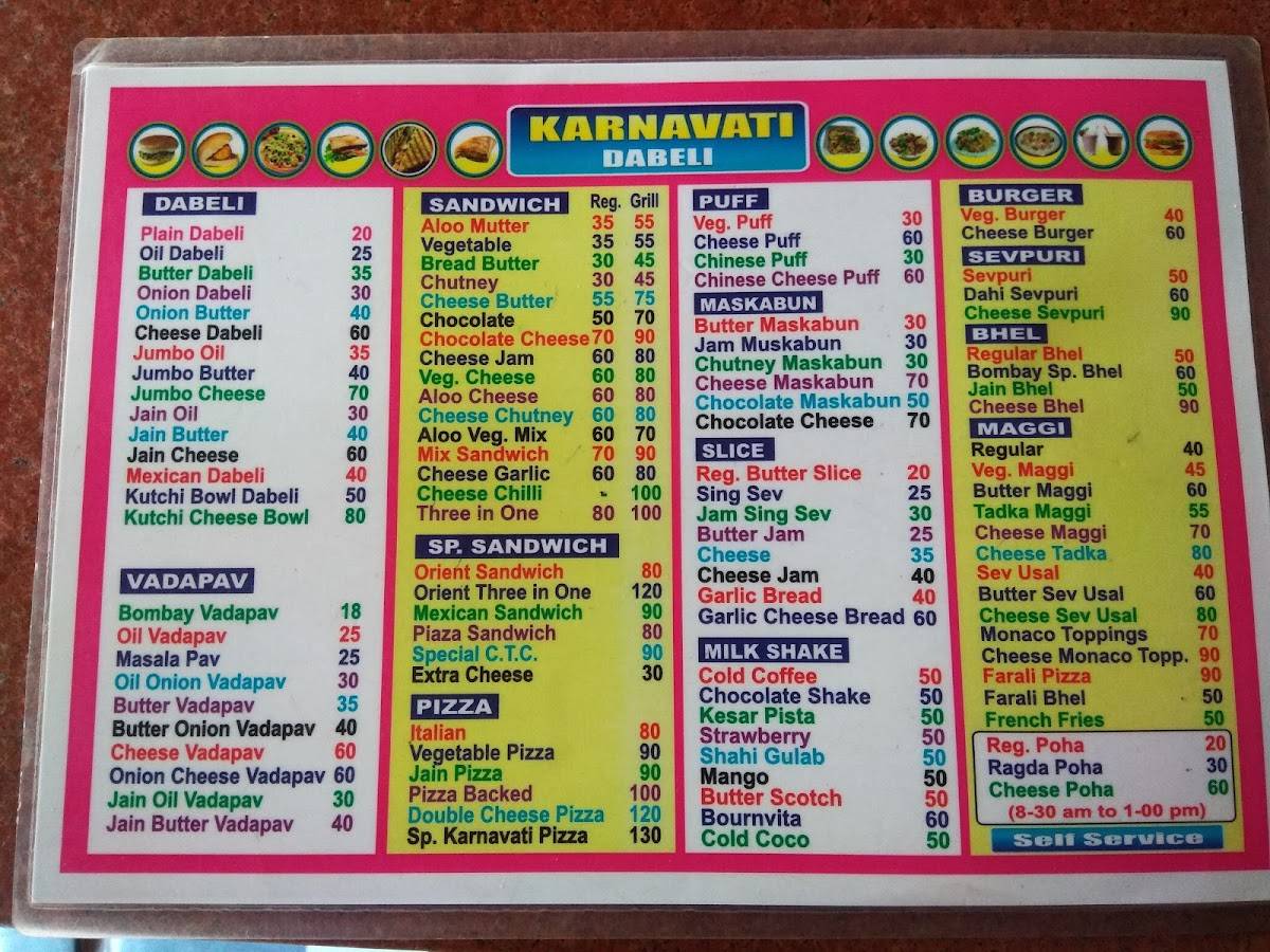 Menu at Karnavati Dabeli, Ahmedabad, 7 sardar center