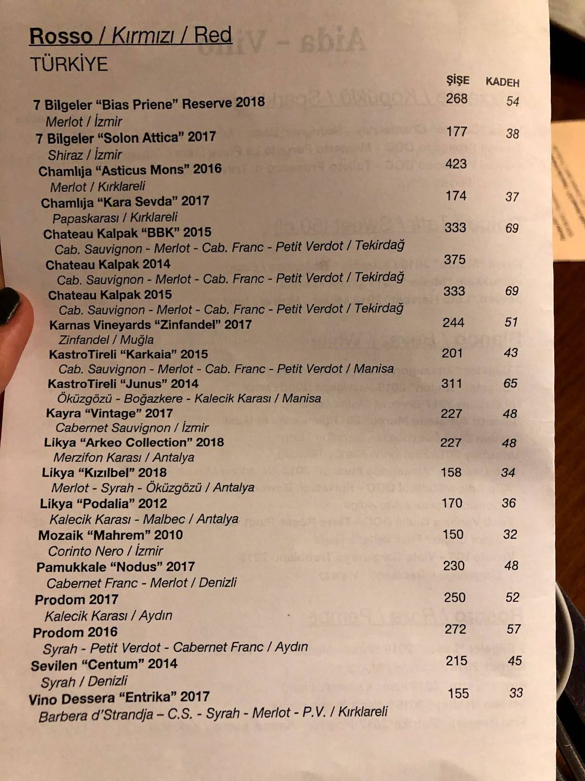 Menu at Aida - vino e cucina, Istanbul
