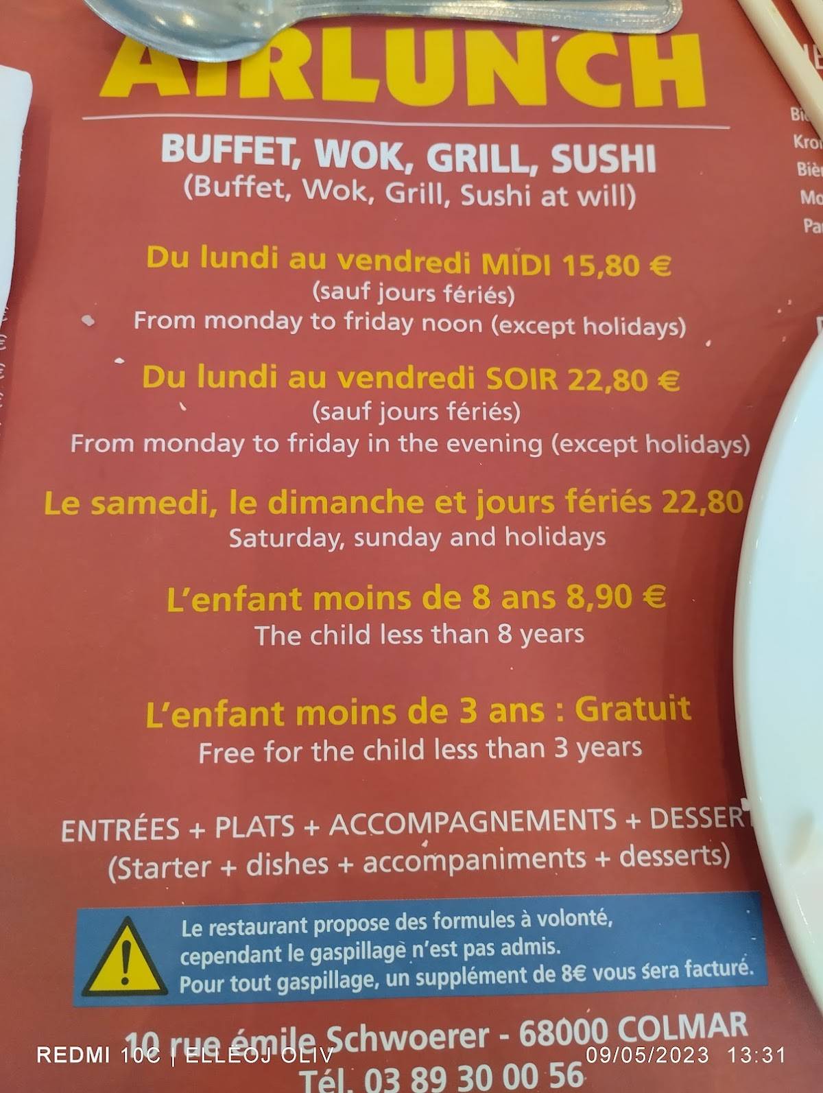 Menu au Airlunch Buffet Wok Grill À Volonté restaurant, Colmar