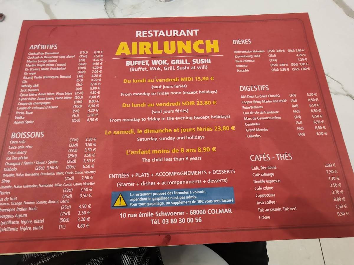Menu au Airlunch restaurant, Colmar