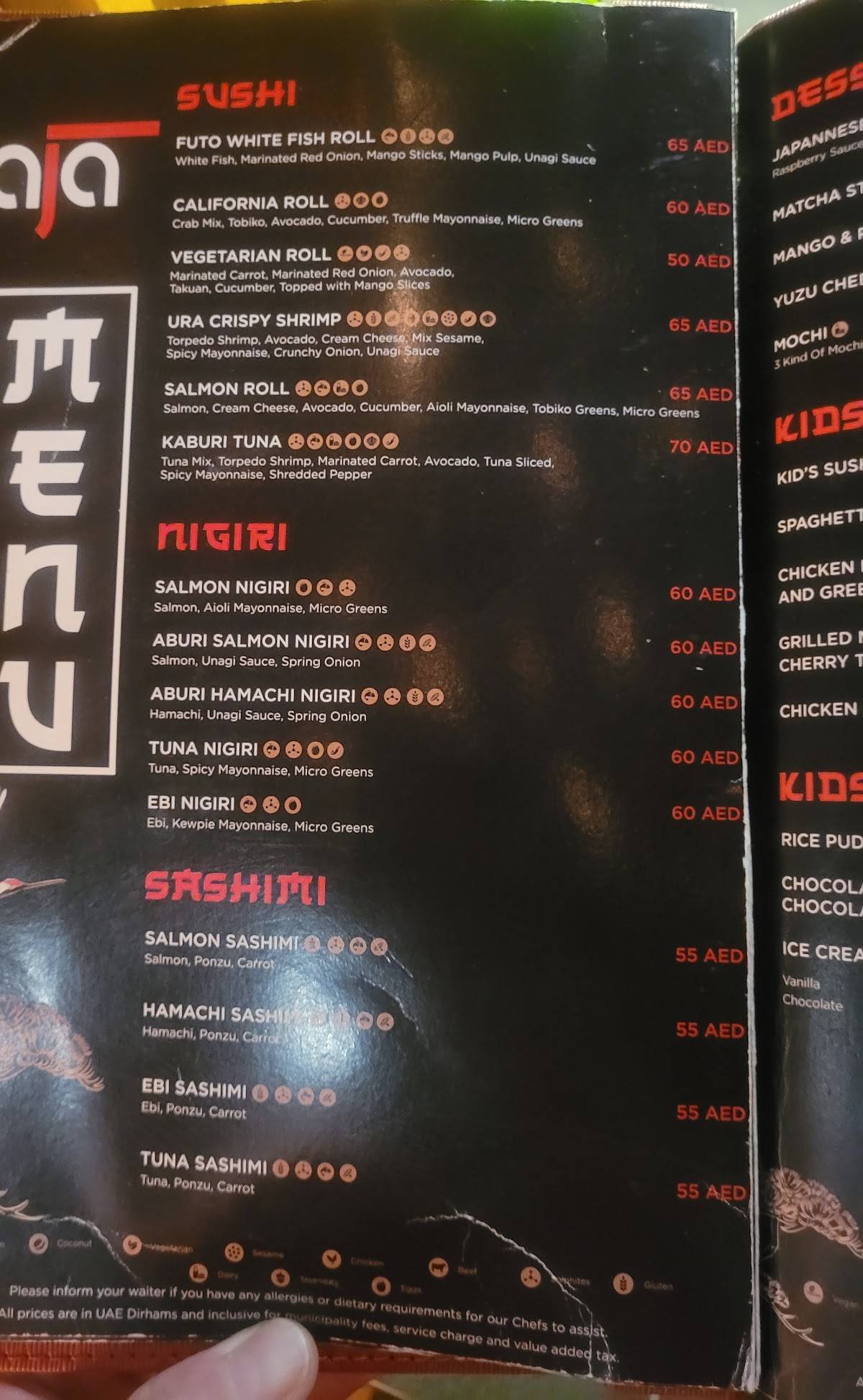 Menu at Aja Asian & Teppenyaki Restaurant, Abu Dhabi