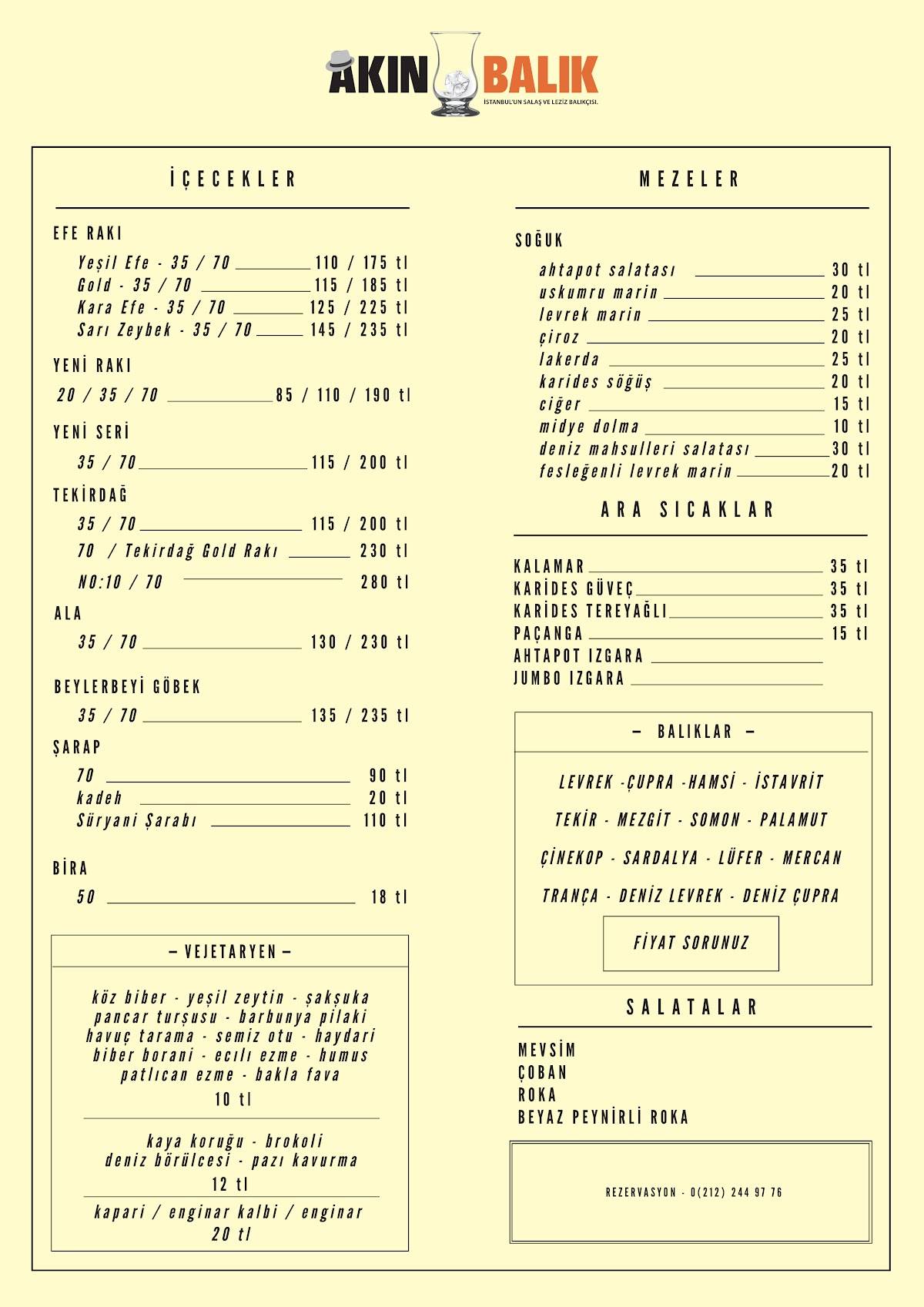 Menu at Akın Balık Karaköy, Istanbul, Fermeneciler Cd. No:40/A