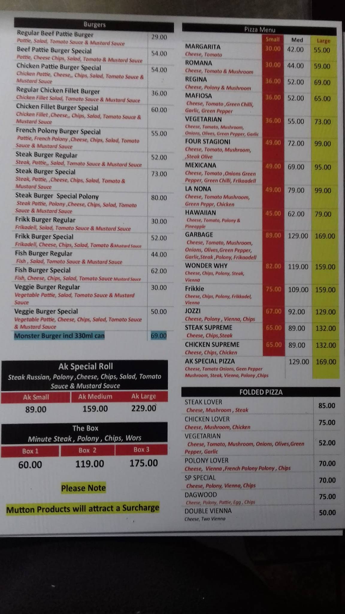 Menu at Akhalz Mayfair restaurant, Johannesburg, 100 Church St