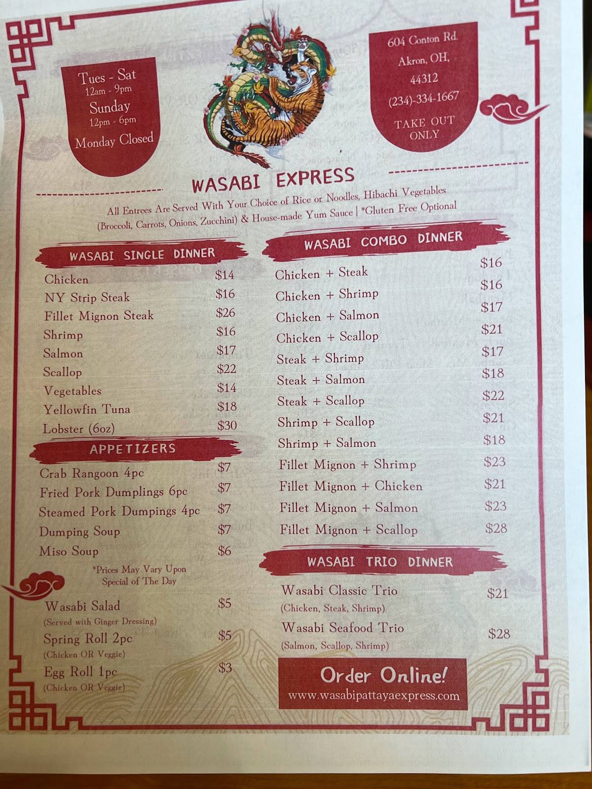 Menu at Wasabi Pattaya Express 604 restaurant, Akron